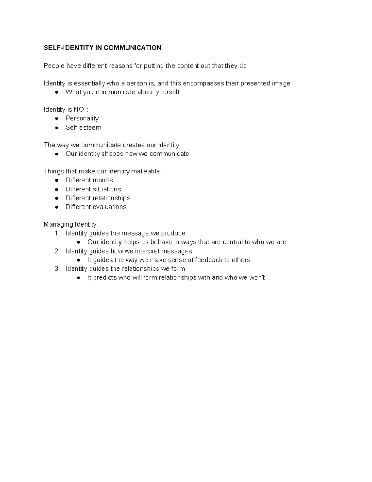 COM 101 Notes 4 - SELF- Identity IN Communication - SELF-IDENTITY IN ...