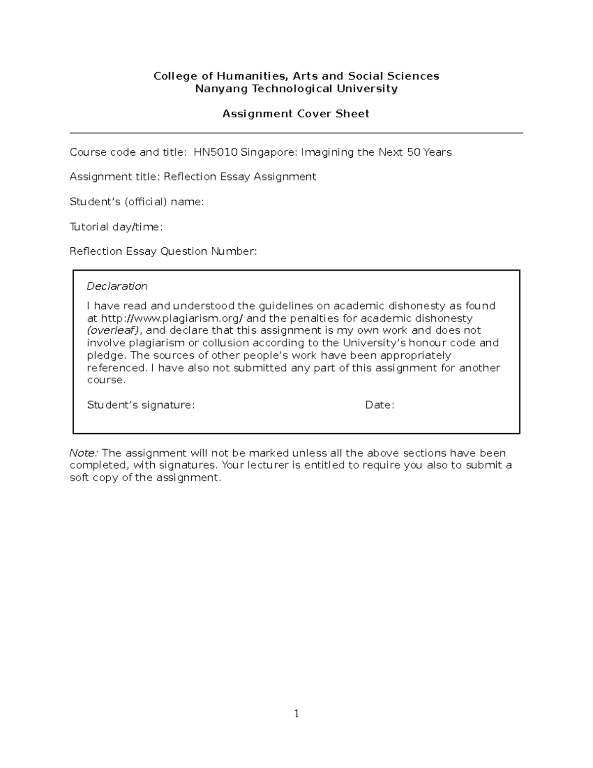 HN5010 Assignment Cover Sheet - College of Humanities, Arts and Social ...
