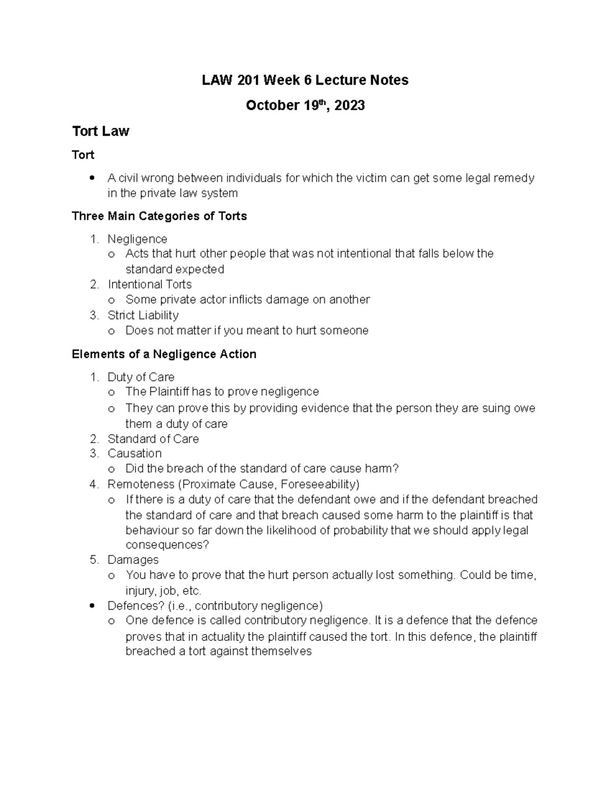 LAW 201 Week 6 Lecture Notes - LAW 201 Week 6 Lecture Notes October ...