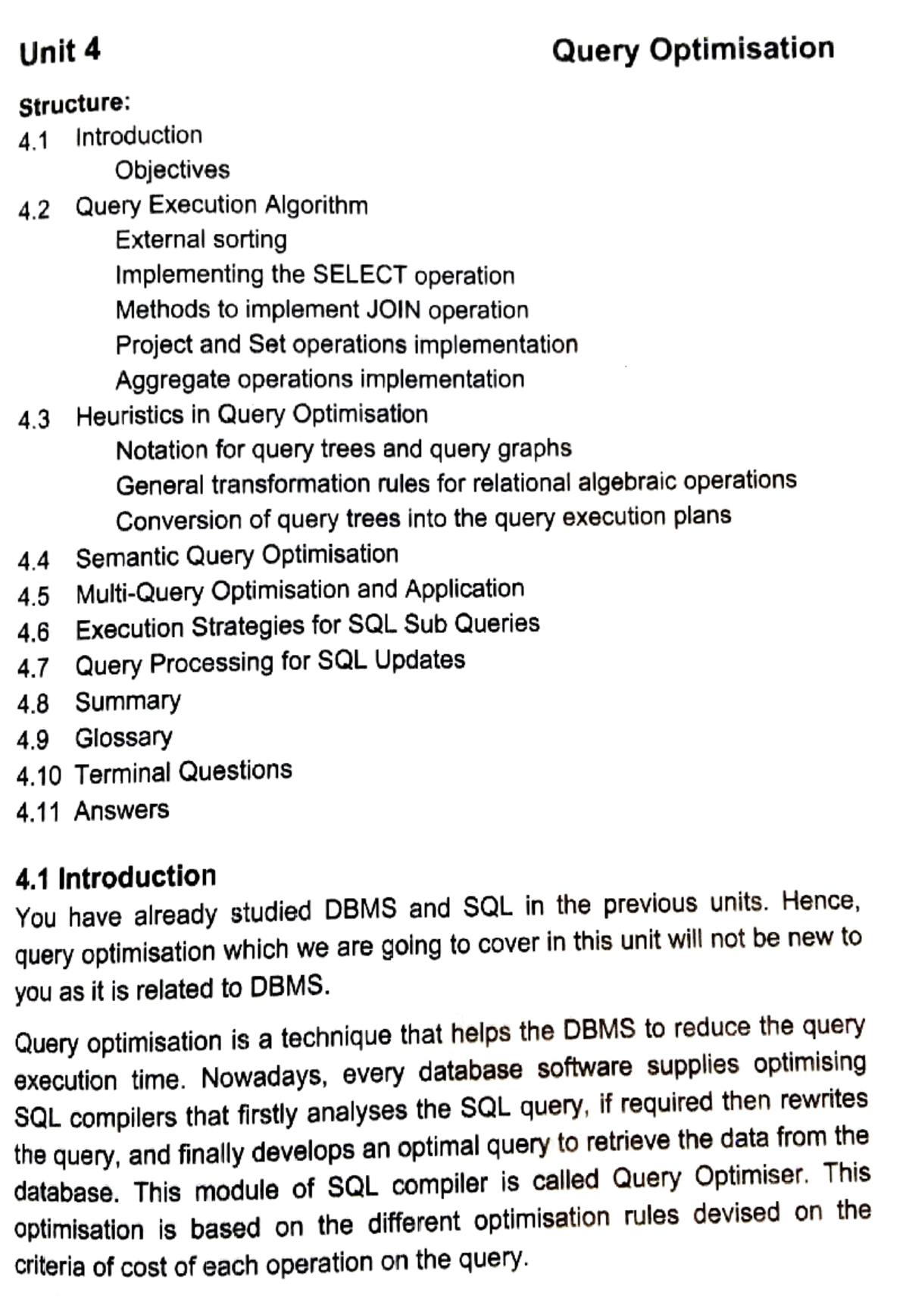 Advanced Database Management System Query Optimisation Unit 4 Query Optimisation Structure 4