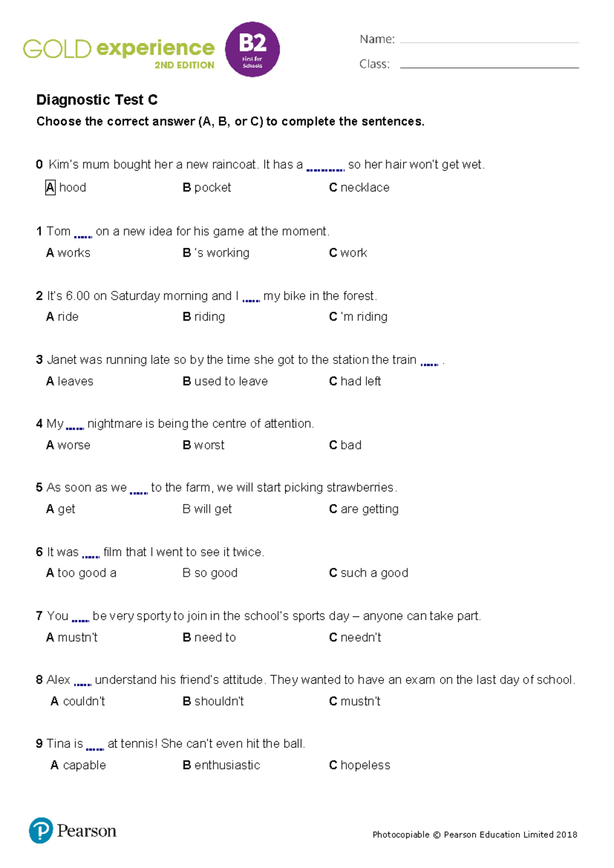 Gold Exp B2 Diagnostic Test C dys - Diagnostic Test C Choose the ...