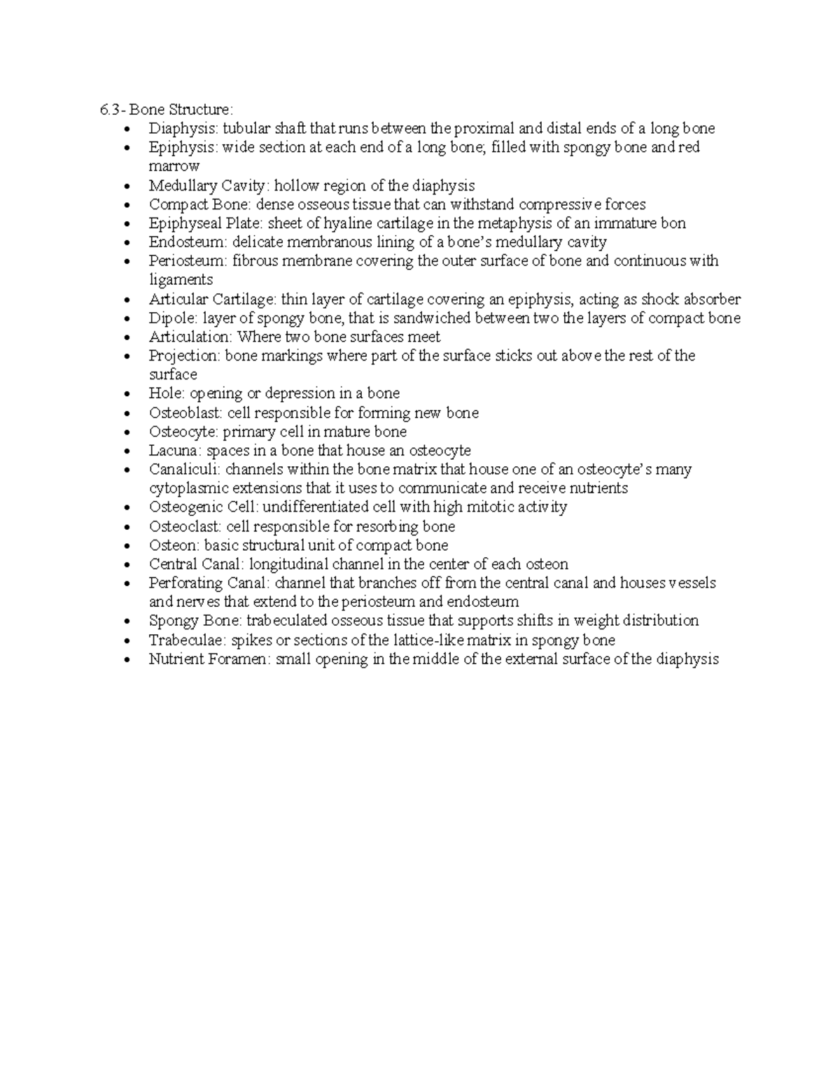 6.3- Bone Structure - Textbook Notes - 6- Bone Structure: • Diaphysis ...