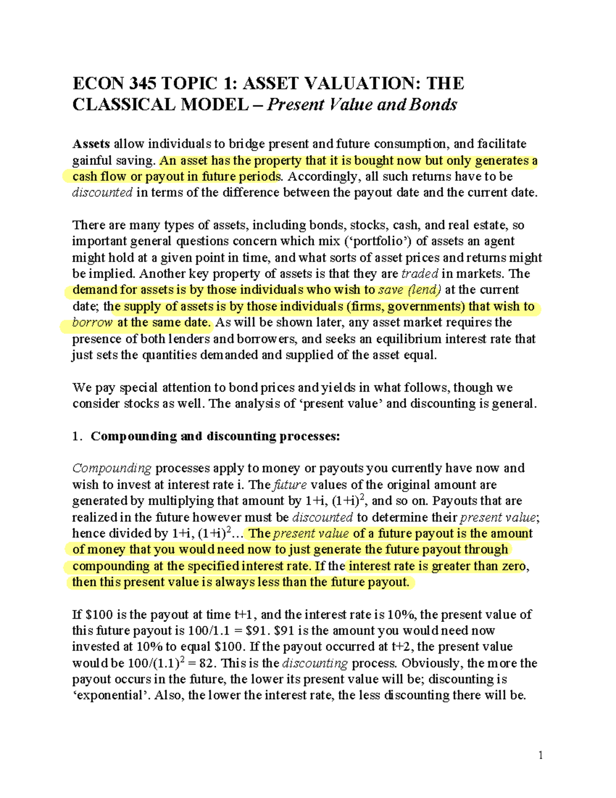 Present Value AND Bonds - ECON 345 TOPIC 1: ASSET VALUATION: THE ...