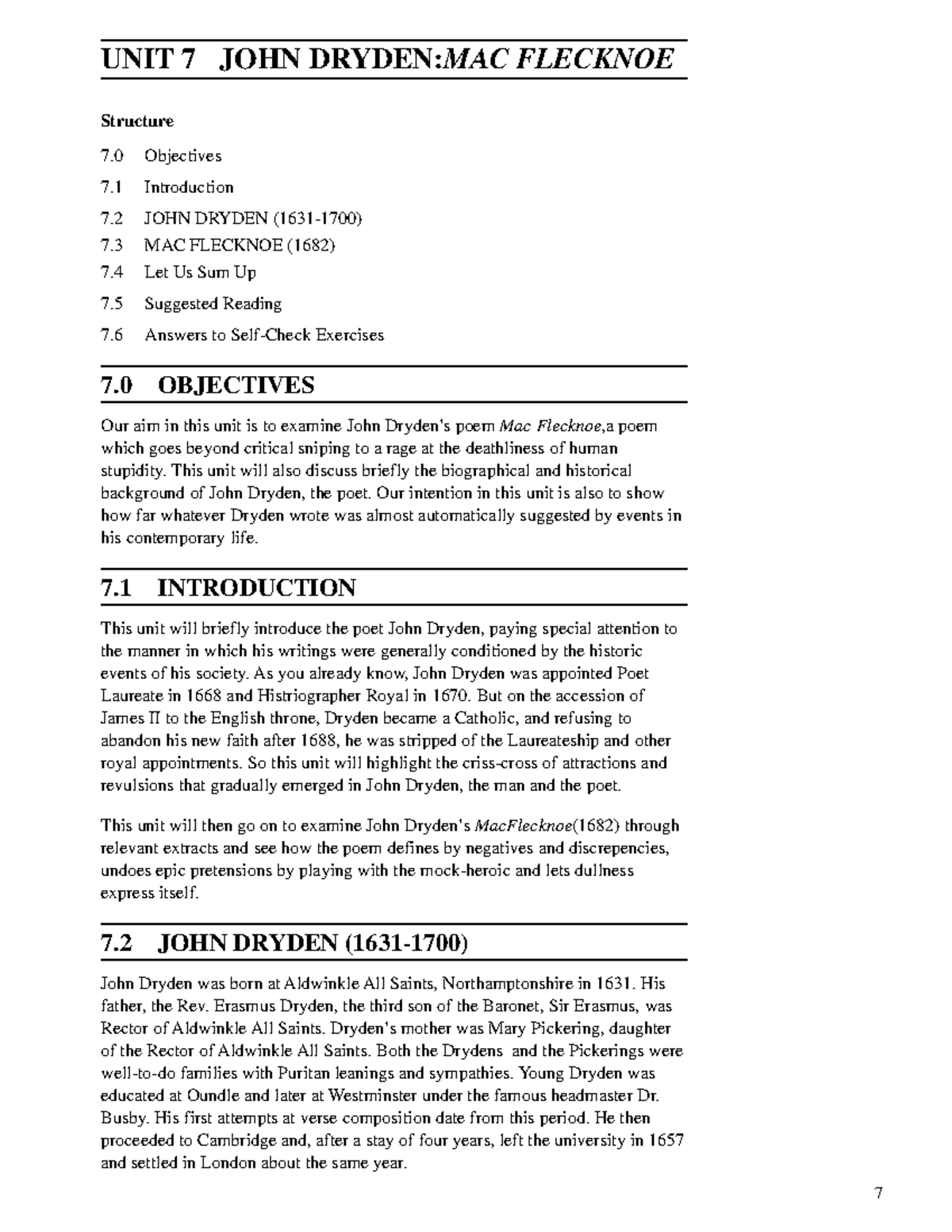 Unit-7 - summaries - John Dryden: Mac Flecknoe UNIT 7 JOHN DRYDEN:MAC ...