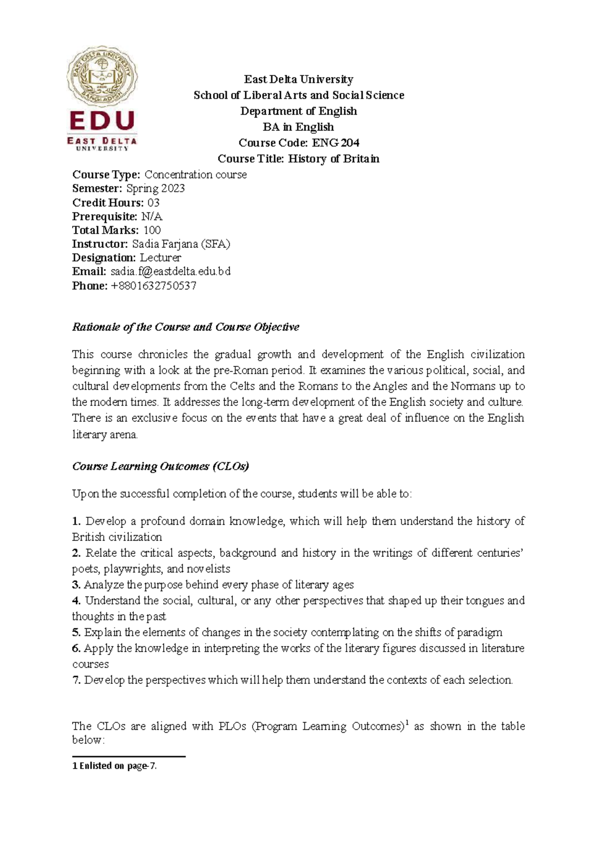 OBE syllabus of ENG 204 SFA - East Delta University School of Liberal ...