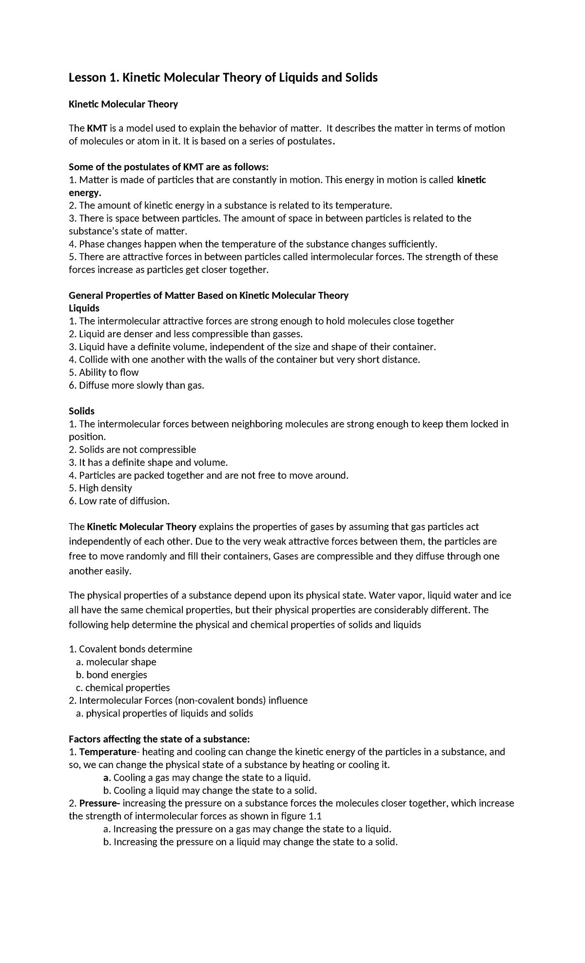 Lesson 1 chem 2 - notes - Lesson 1. Kinetic Molecular Theory of Liquids ...