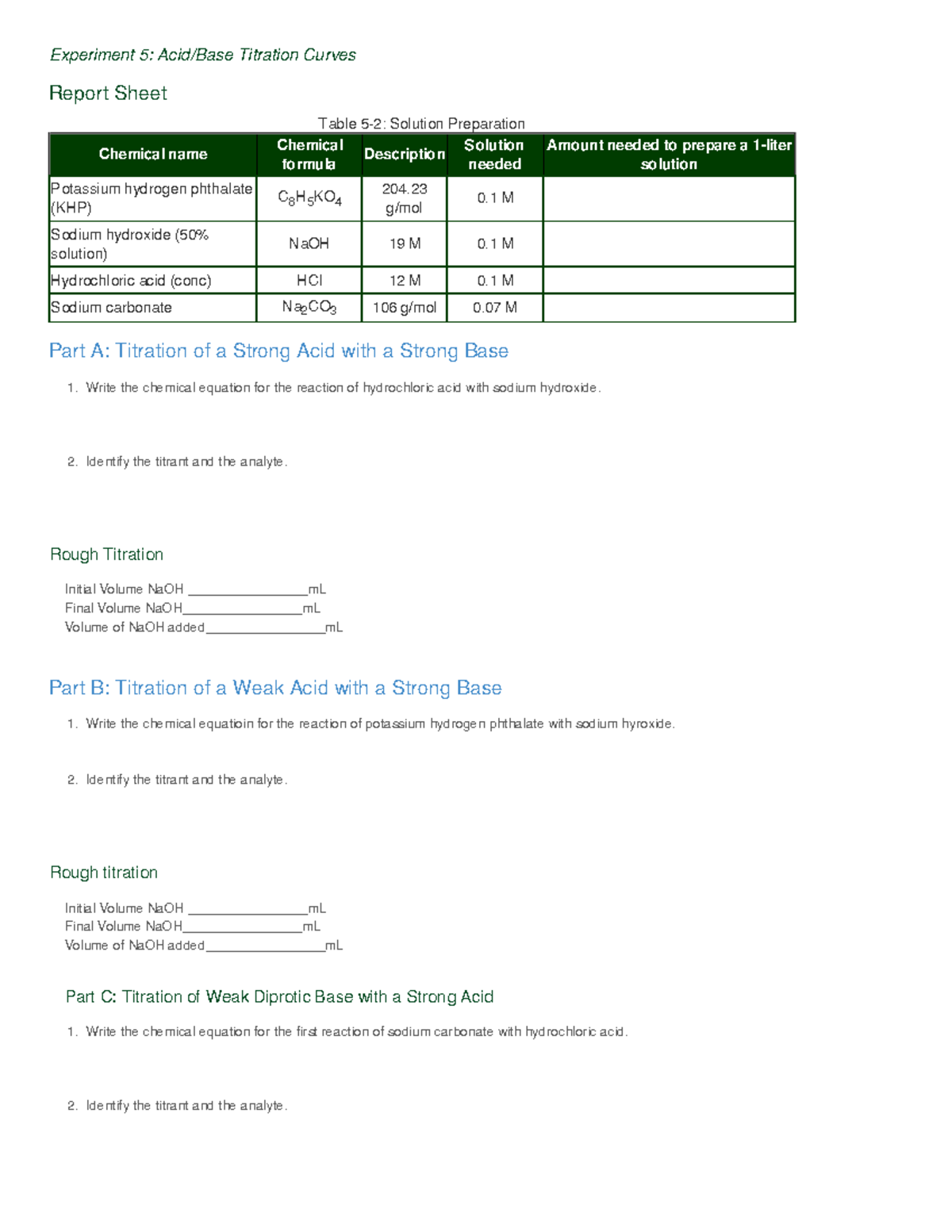 [Experiment 5 Acid Base Titration Curves] - Report Sheet - Experiment 5: Acid/Base Titration ...