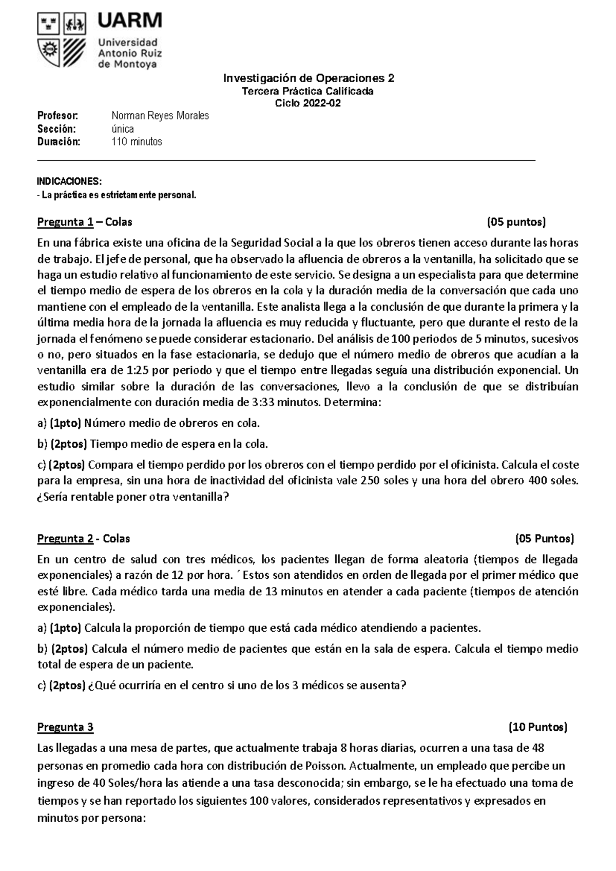 IOP2 - PC3 2022-2 - Investigación de Operaciones 2 Tercera Práctica Calificada Ciclo 20 22 - 02 ...