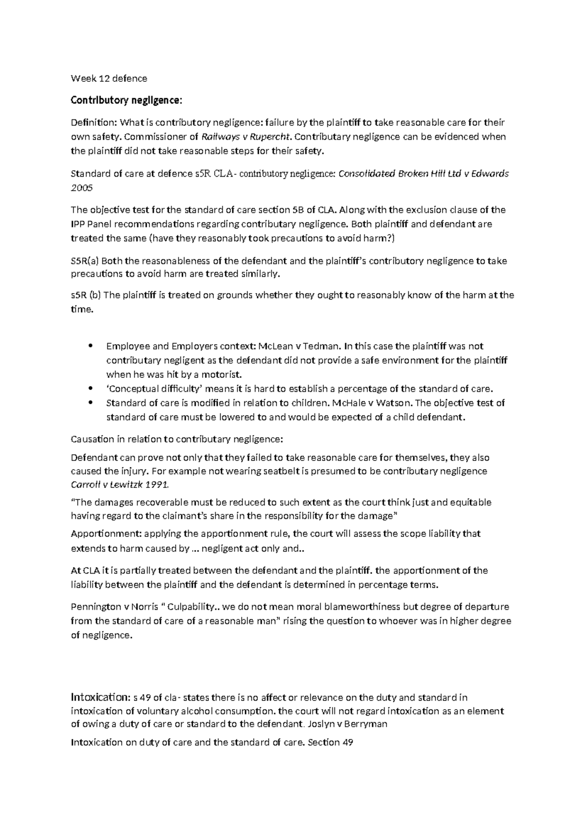 Week 12 defence - notes - Week 12 defence Contributory negligence ...