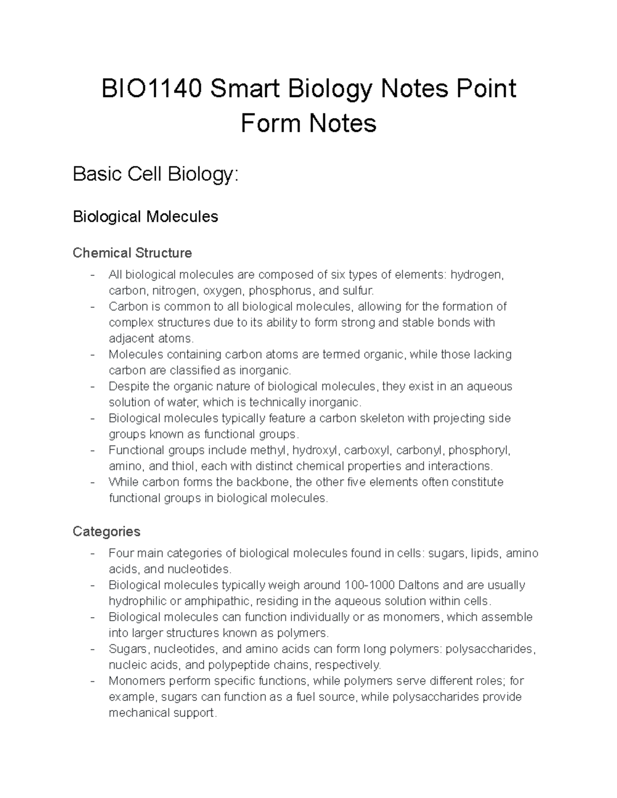 Bio1140 Smart Bio Point form summary notes - BIO1140 Smart Biology ...