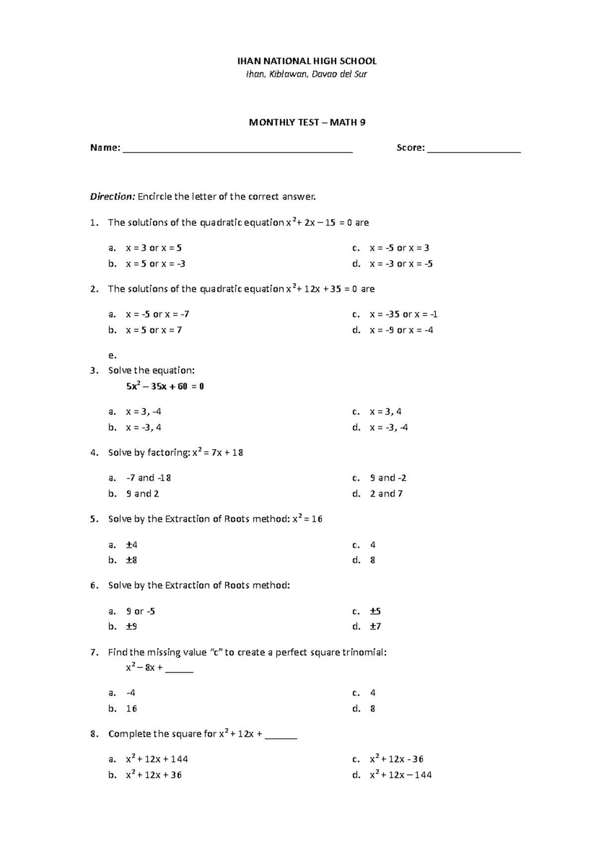 Monthly TEST - HHHH - IHAN NATIONAL HIGH SCHOOL Ihan, Kiblawan, Davao ...