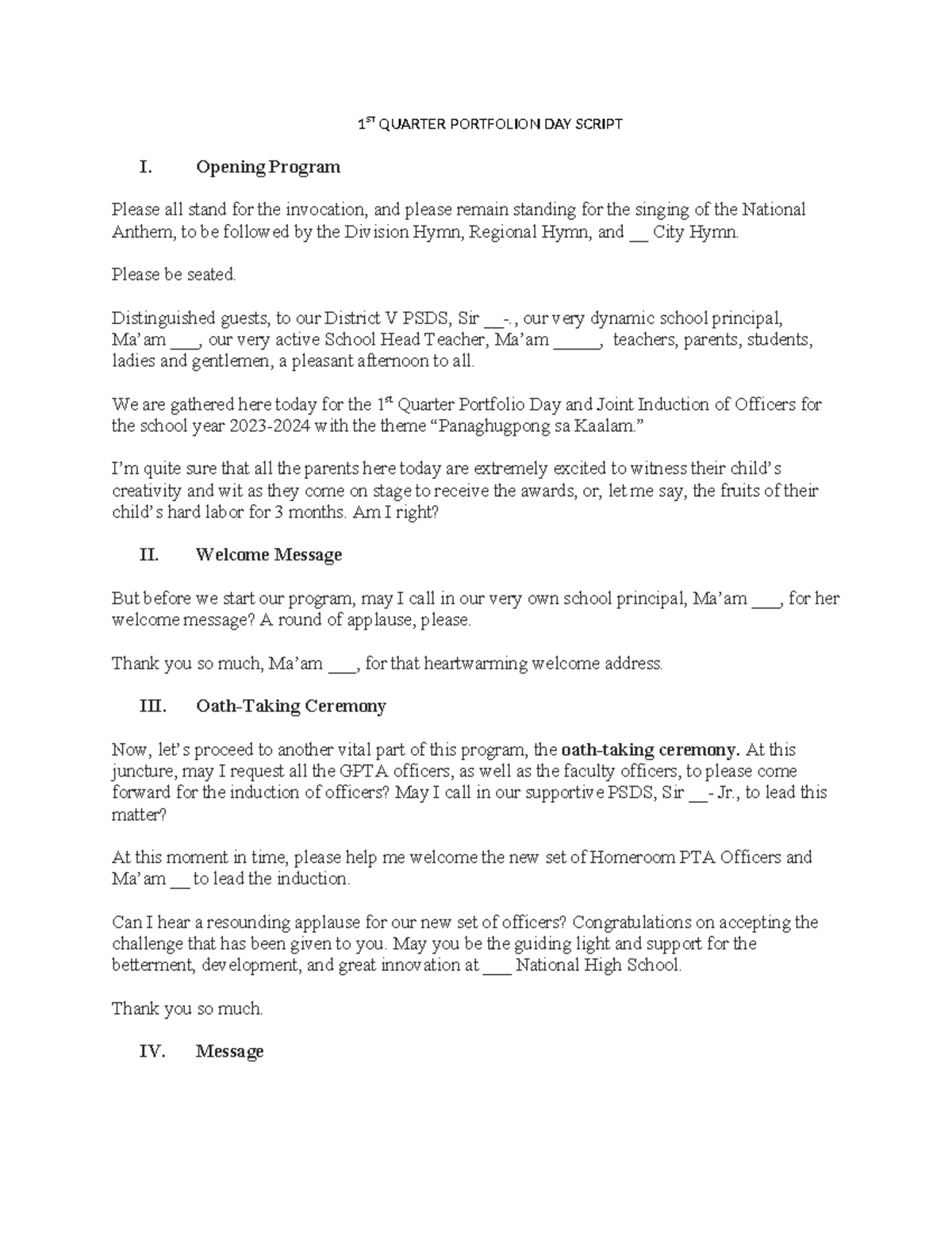 Portfolio DAY 1st quarter - 1 ST QUARTER PORTFOLION DAY SCRIPT I. Opening Program Please all ...