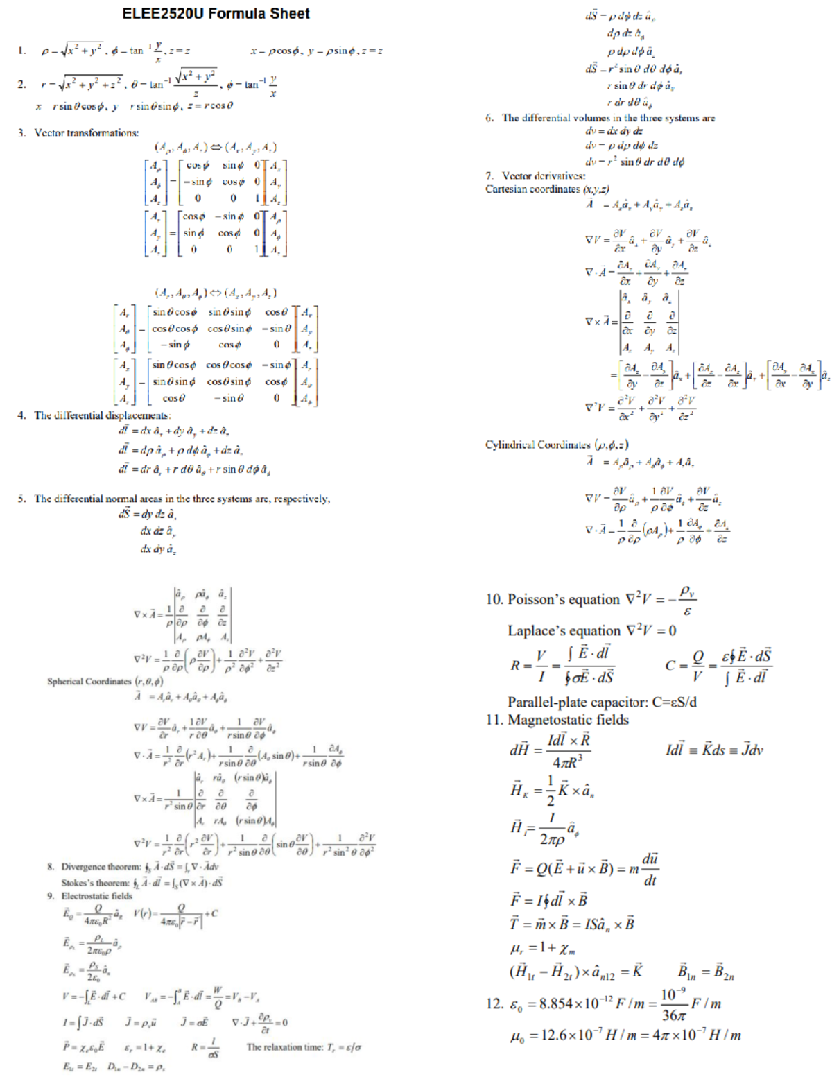 Formula Sheet - Summary Fundamentals of Electromagnets - ELEE2520U ...