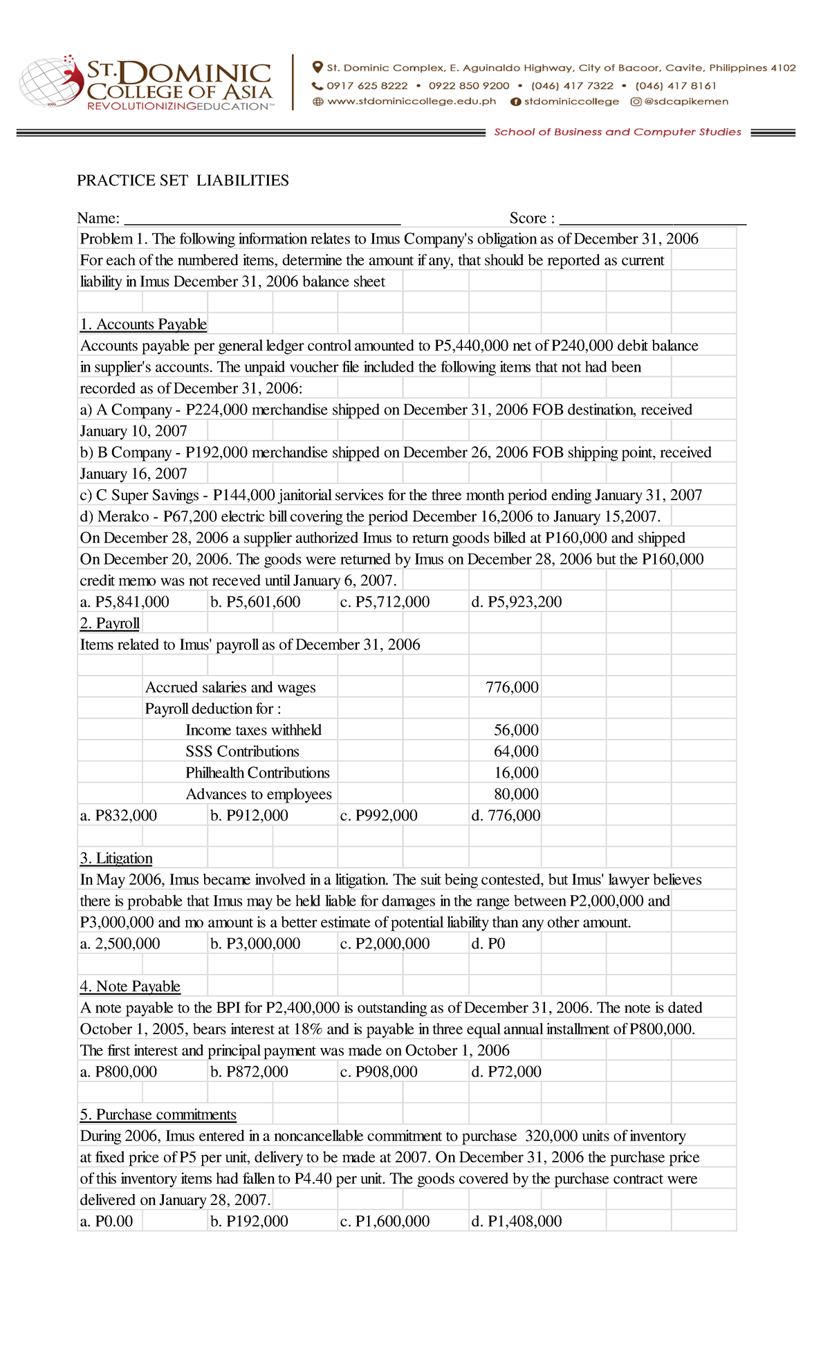 Practice Set Audit Liabilities 2022 - PRACTICE SET LIABILITIES Name ...