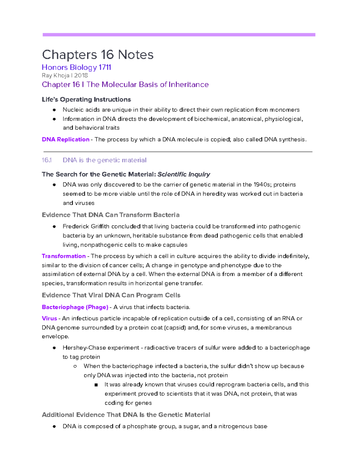 Chapter 16 - The Molecular Basis of Inheritance - Chapters 16 Notes ...