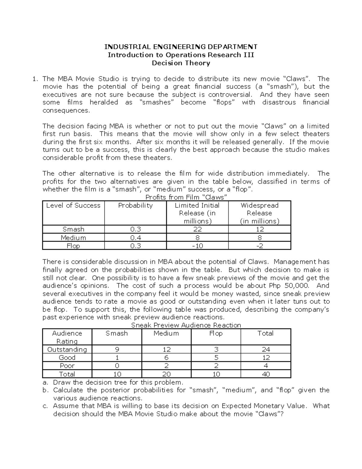 Decision Theory Sample Problems - INDUSTRIAL ENGINEERING DEPARTMENT ...