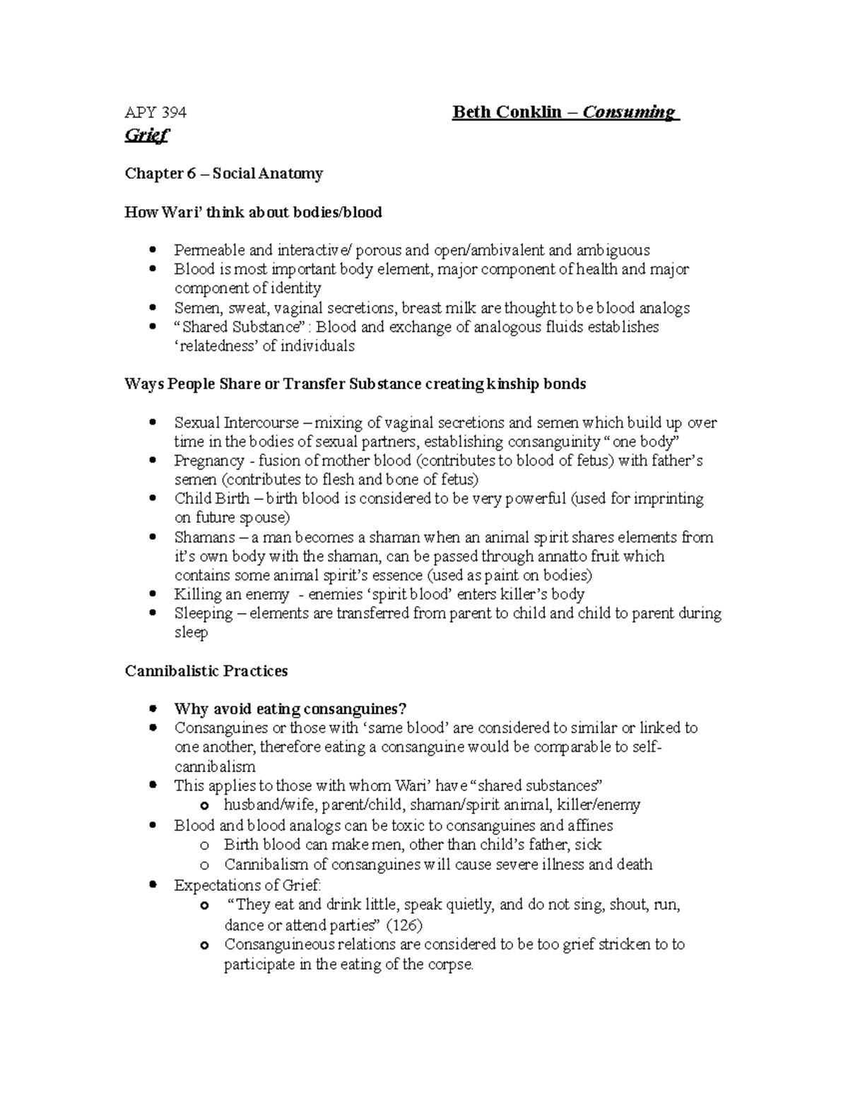 Conklin 6and7 - notes - APY 394 Beth Conklin – Consuming Grief Chapter ...