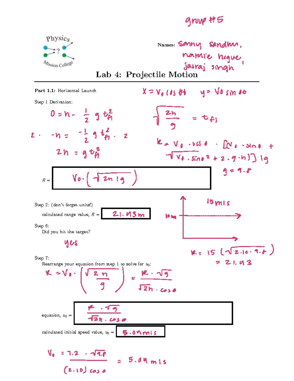 2ALab4-Worksheet - Sheridan phys 2a - Names: Lab 4: Projectile Motion ...