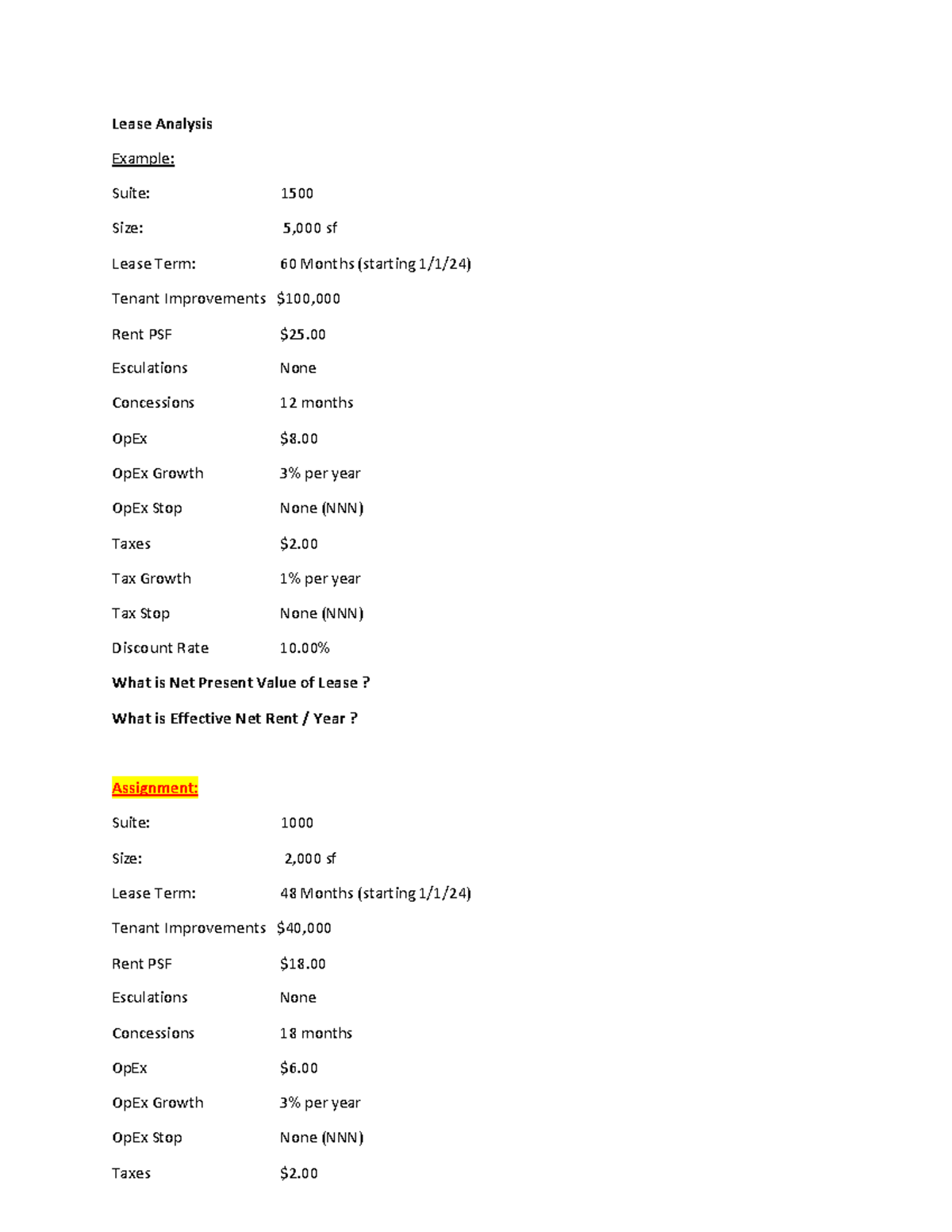 Lease Analysis Assignment - Lease Analysis Example: Suite: 1500 Size ...