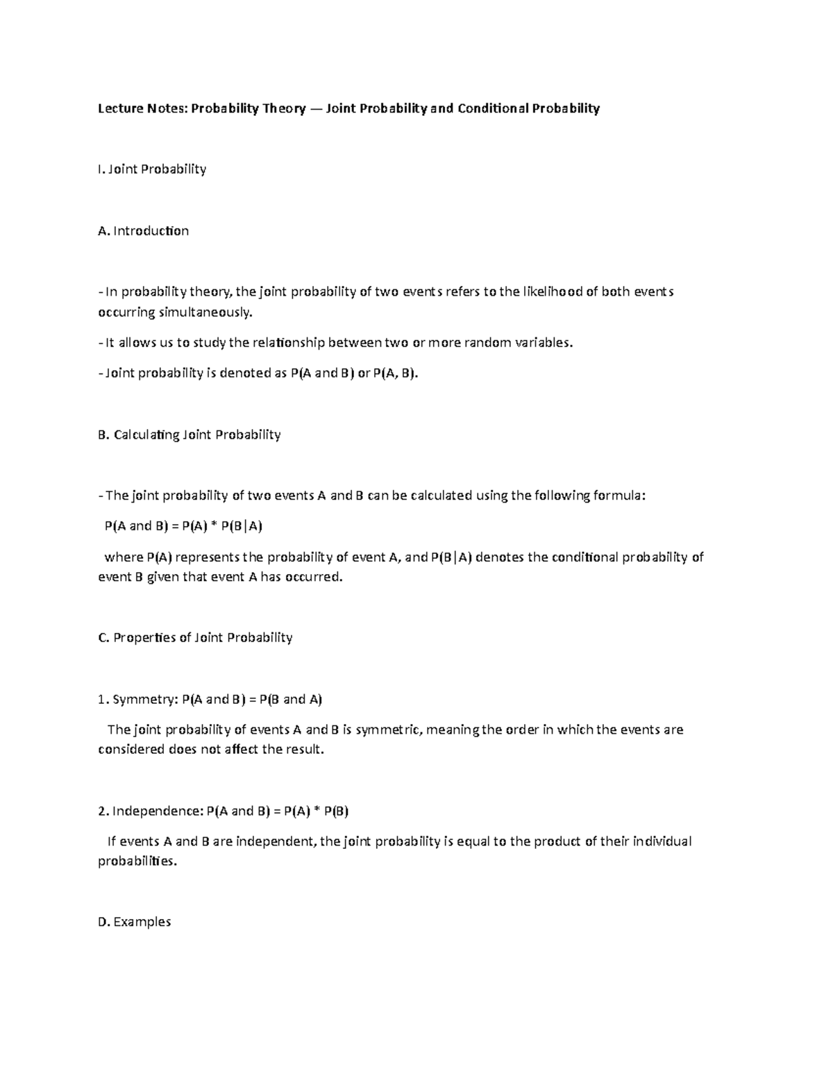 Lecture Notes: Probability Theory — Joint Probability and Conditional ... Lecture Notes: Probability Theory — Joint Probability and Conditional ...
