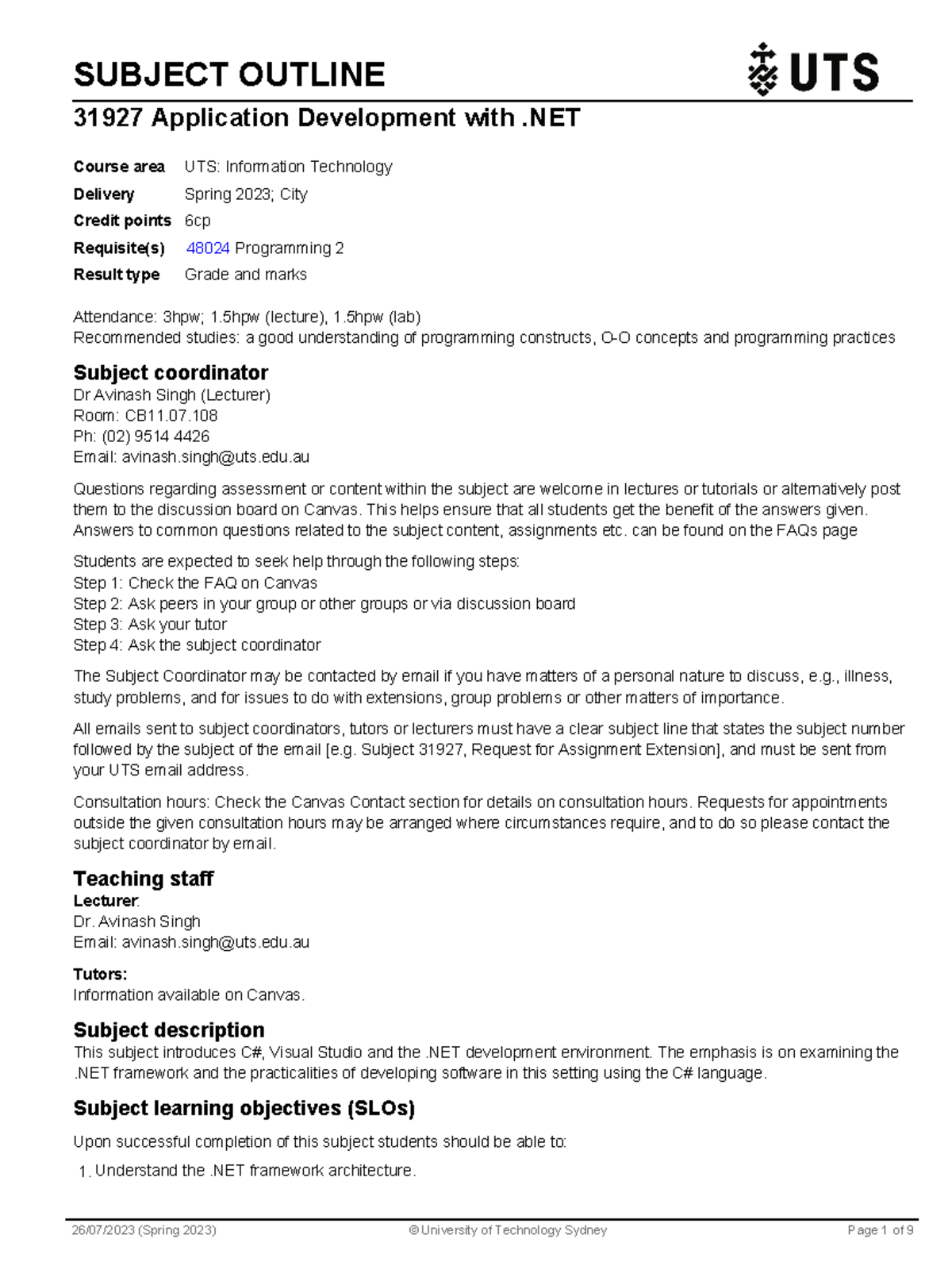 Subject outline - SUBJECT OUTLINE 31927 Application Development with ...