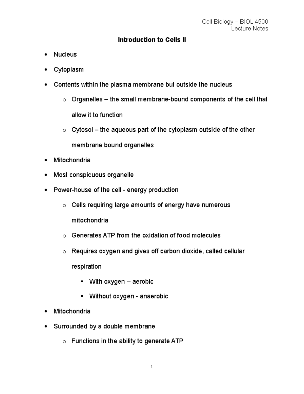 2021 Biol 4500 Cell Biology Lecture Notes Introduction To Cells 1b Introduction To Cells Ii