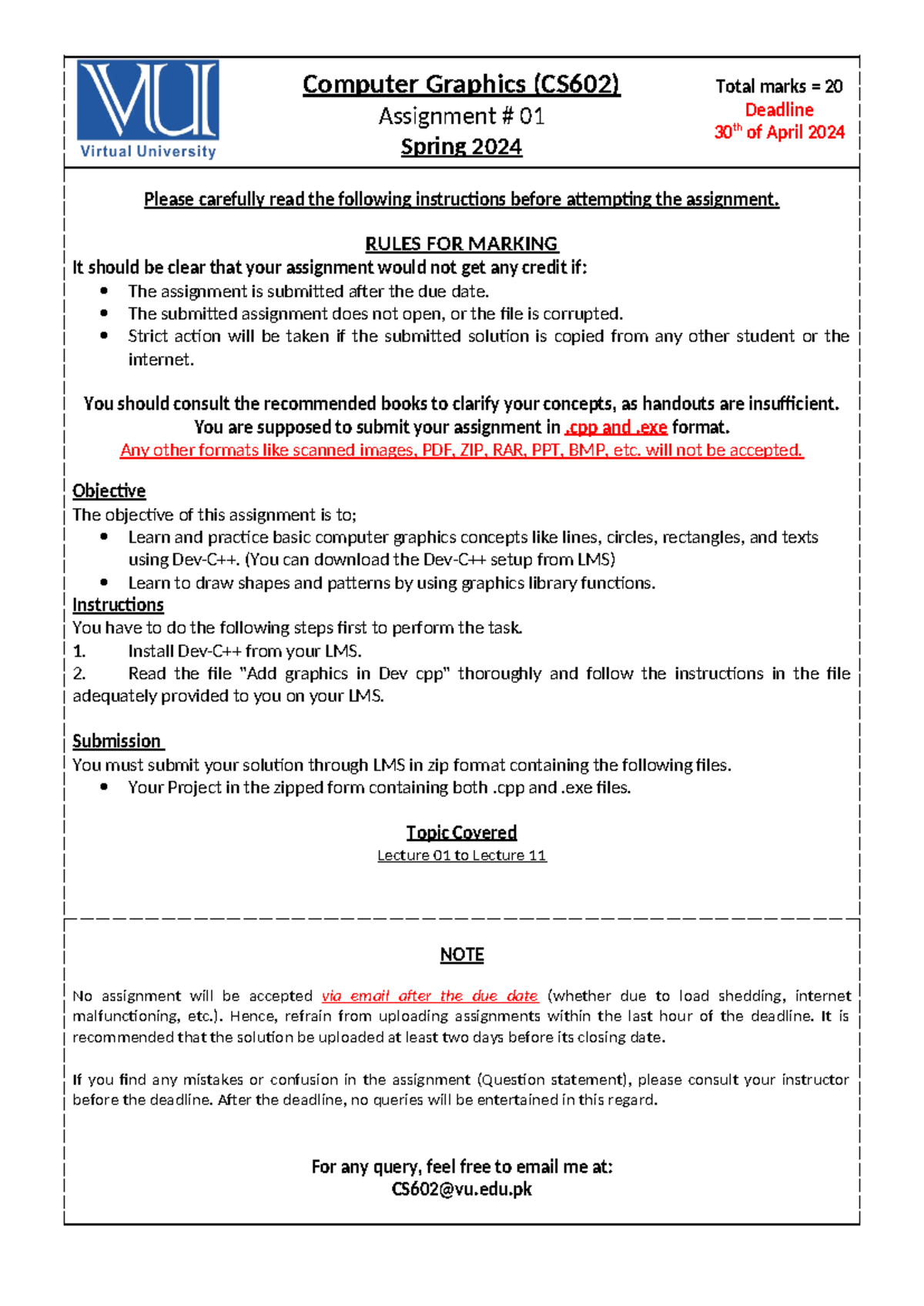 Spring 2024 CS602 1 - Computer Graphics (CS602) Assignment # 01 Spring 2024 Total marks = 20 ...