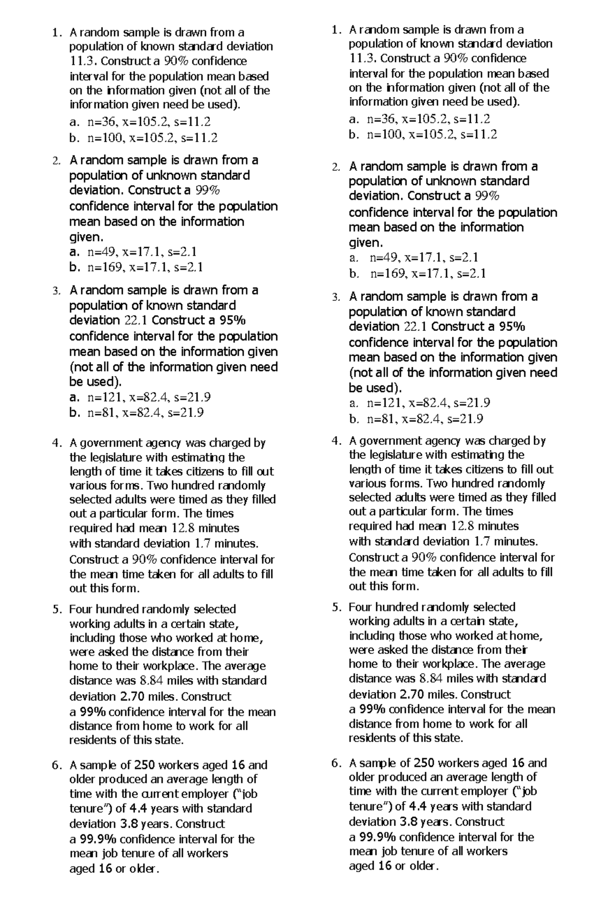 Point and interval estimate worksheet - 1. A random sample is drawn ...