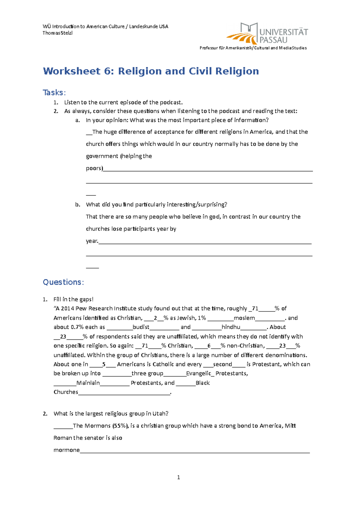 Worksheet 6 - Religion and Civil Religion - Thomas Stelzl Professur für ...