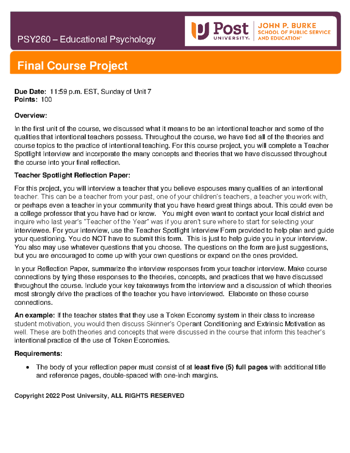 Unit 7 Course Project - Psychology of education - PSY260 – Educational ...