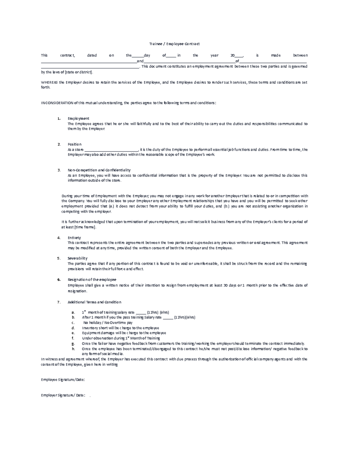 Employement contract - Employment - Trainee / Employee Contract This ...