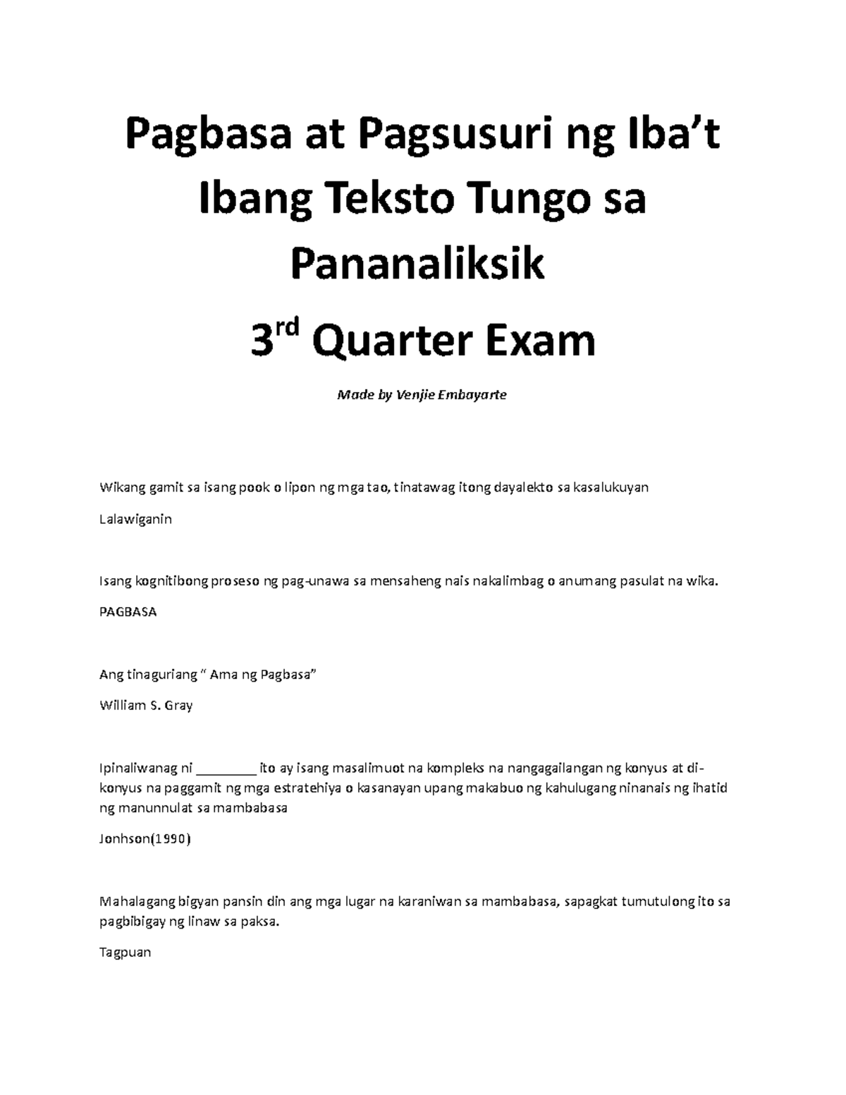 Pagbabasa at Pagsusuri Exam - Pagbasa at Pagsusuri ng Iba’t Ibang ...