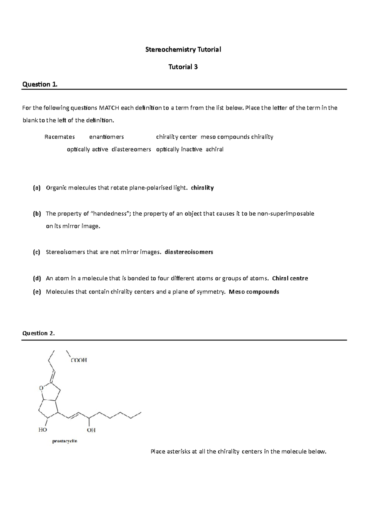 Tutorial 3- Stereochemistry - Stereochemistry Tutorial Tutorial 3 ...