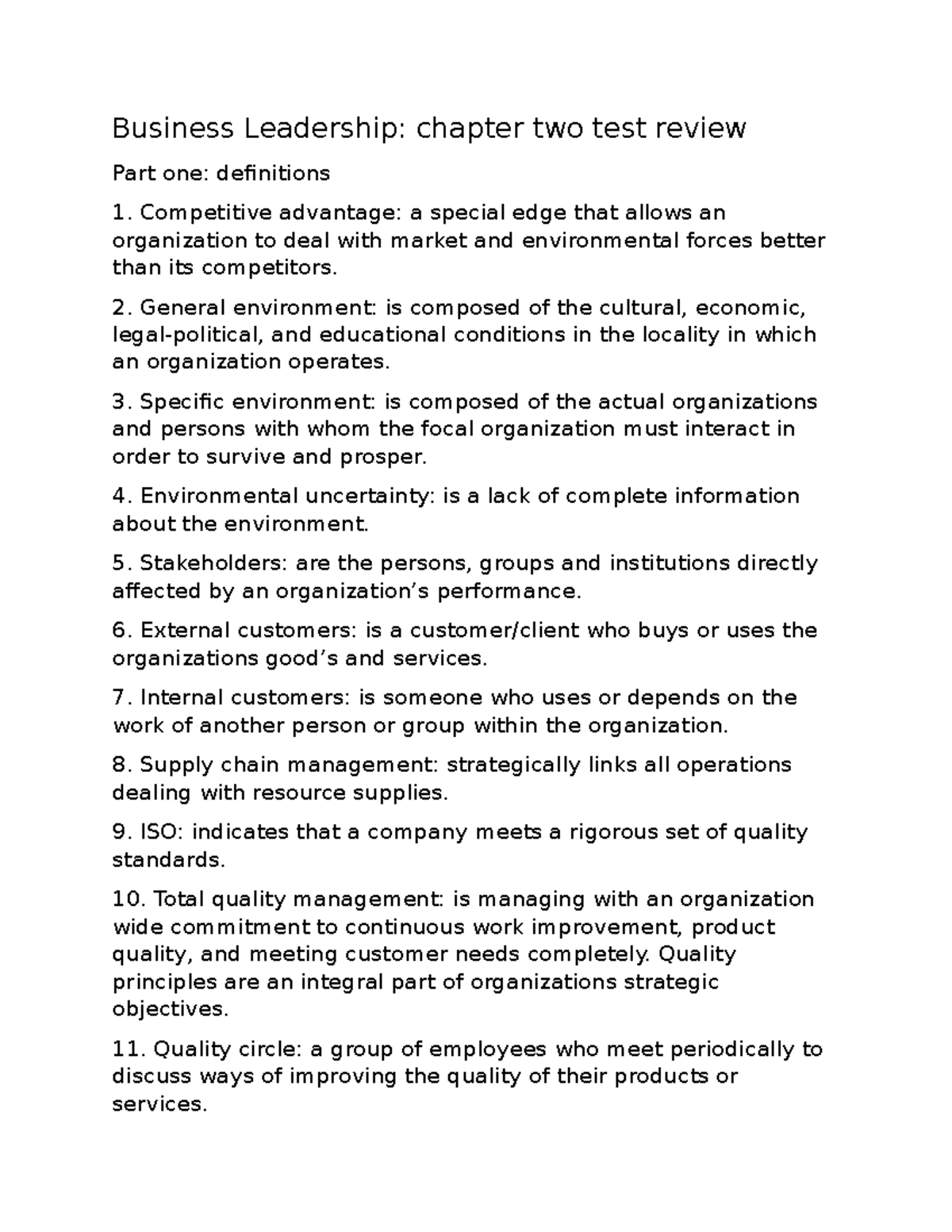 Business Leadership CH 2 TEST REVIEW - Business Leadership: chapter two ...