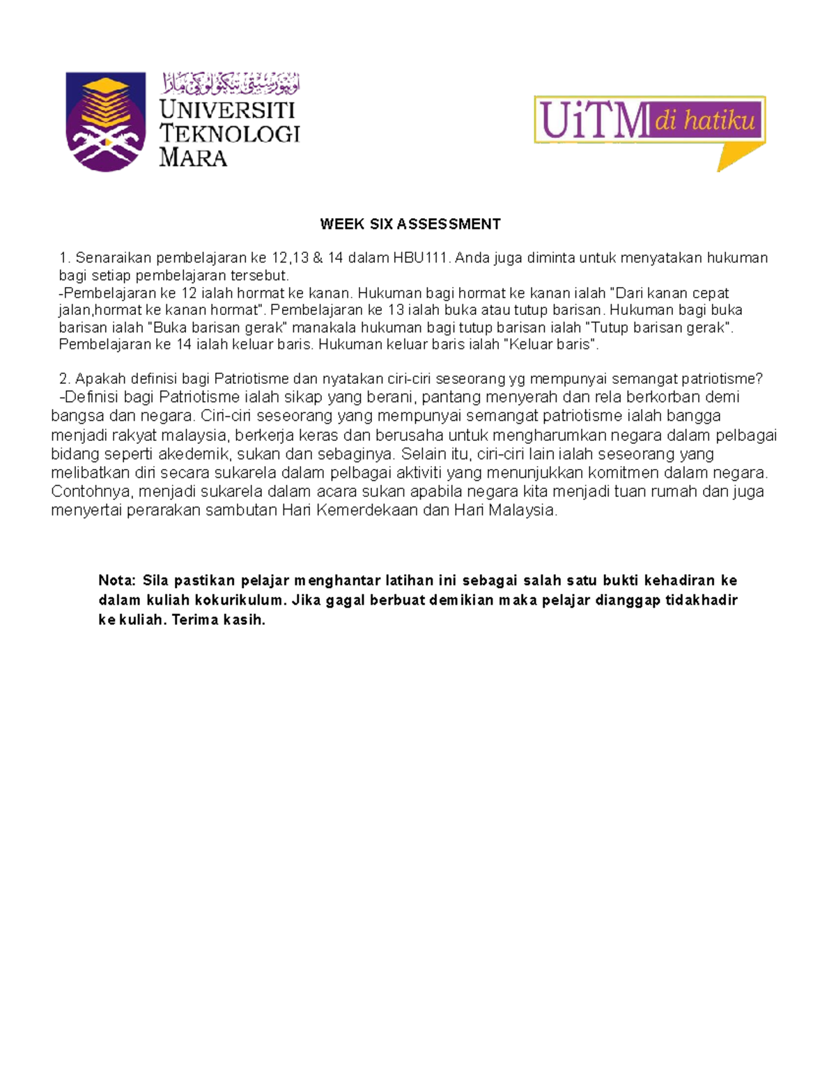 W6 HBU111 Assessment - exercise - WEEK SIX ASSESSMENT Senaraikan ...