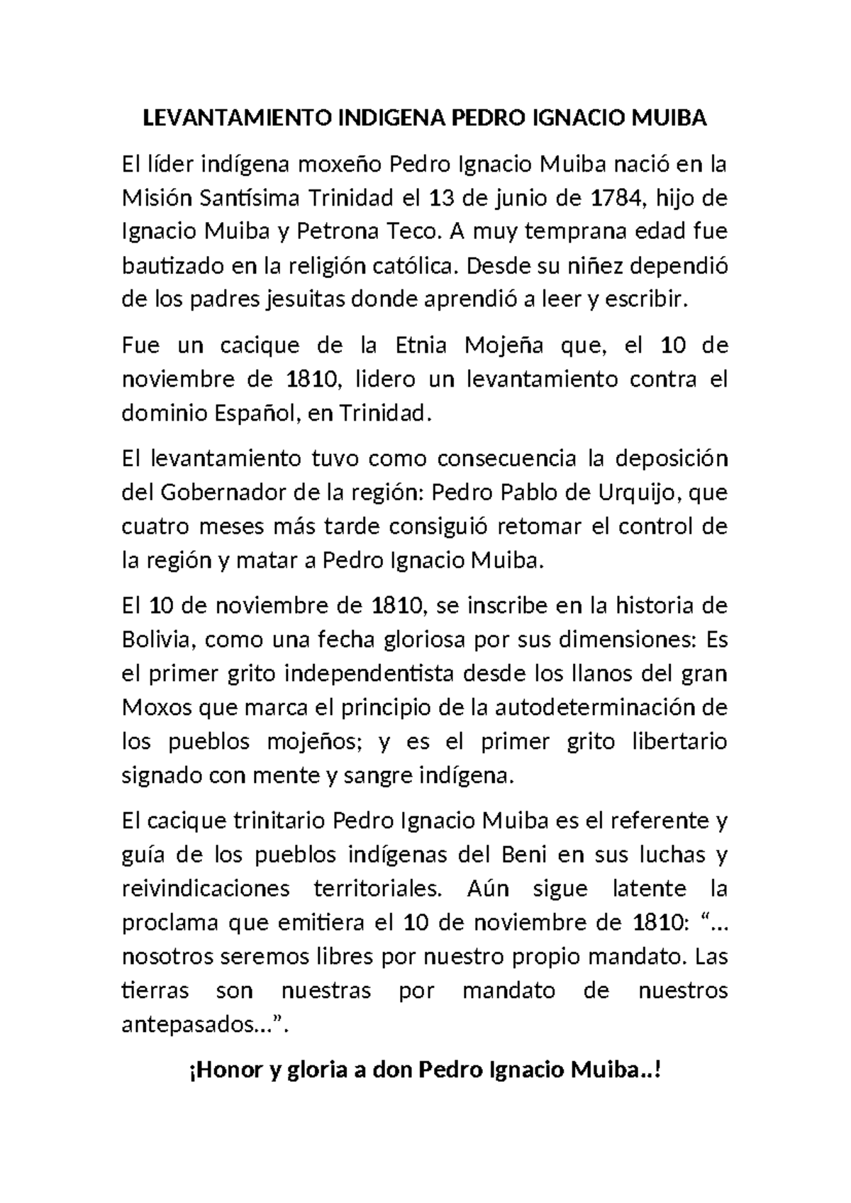 Levantamiento Indigena Pedro Ignacio Muiba en el departamento del Beni ...