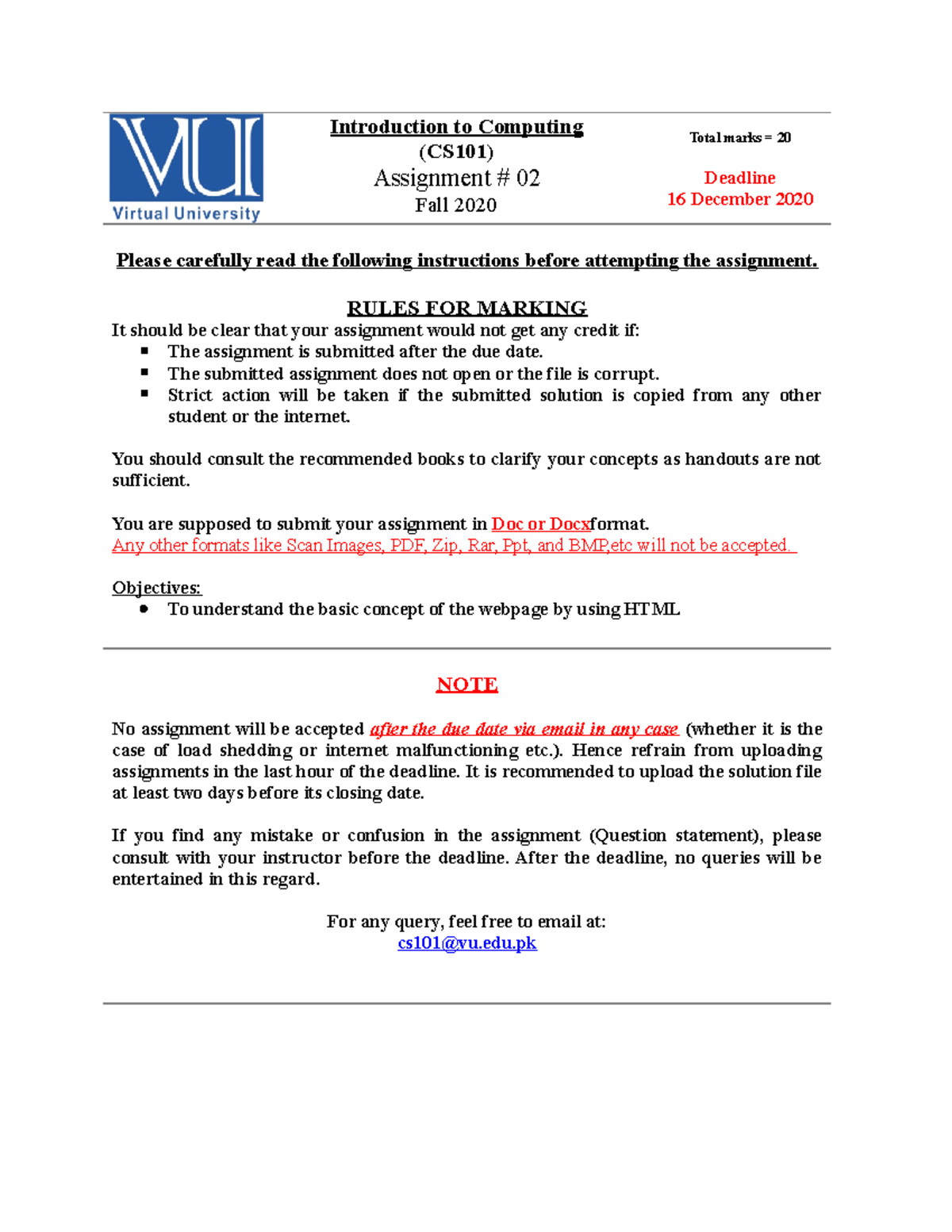 Fall 2020 CS101 2 SOL - Excel Functions - Introduction to Computing (CS101) Assignment # 02 Fall ...