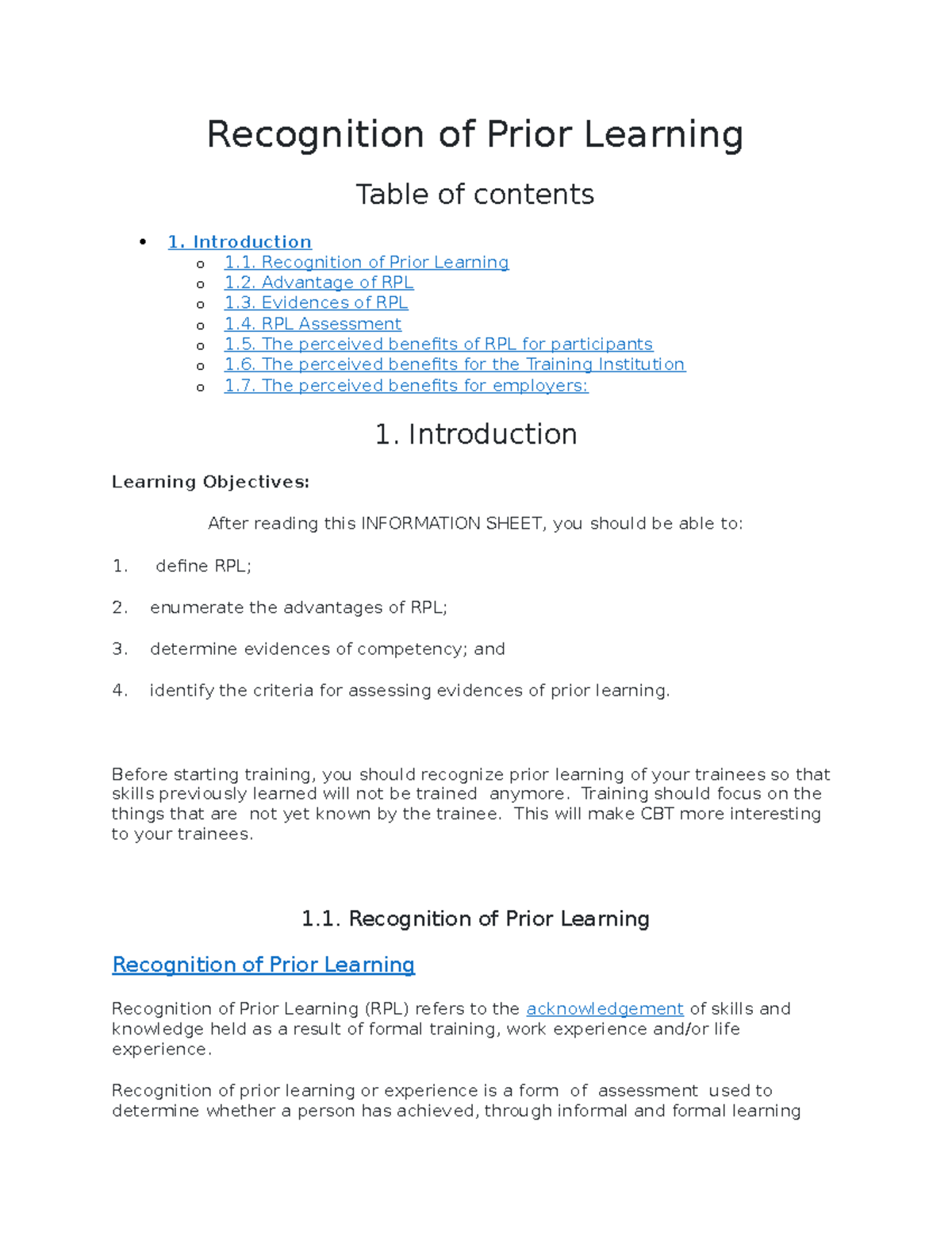 (7)Recognition of Prior Learning - Recognition of Prior Learning Table ...