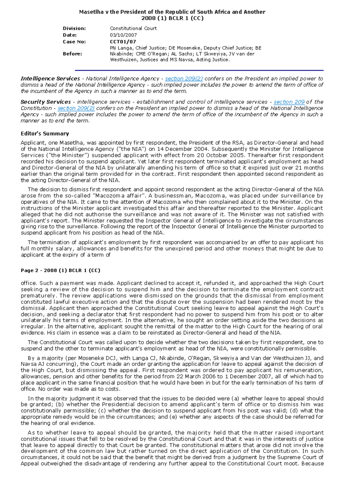 Masetlha v the President of the Republic of South Africa and Another ...