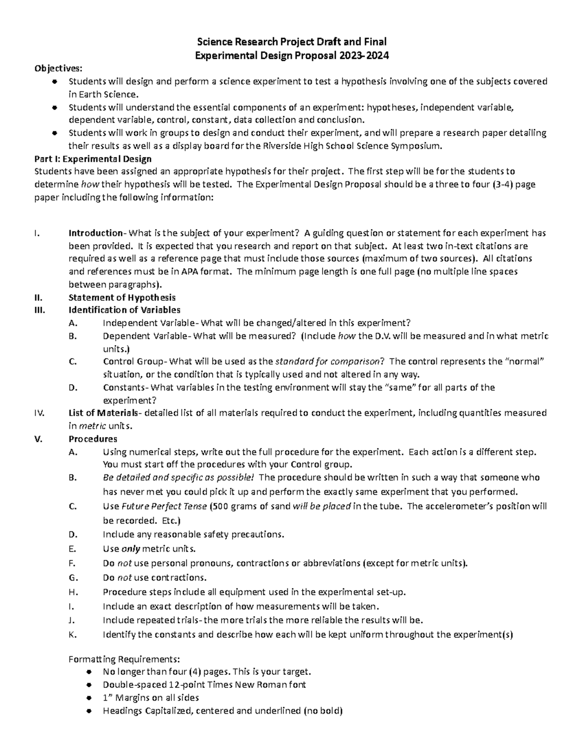 Experimental Design Proposal Draft - Final 2023-2024 - Science Research ...