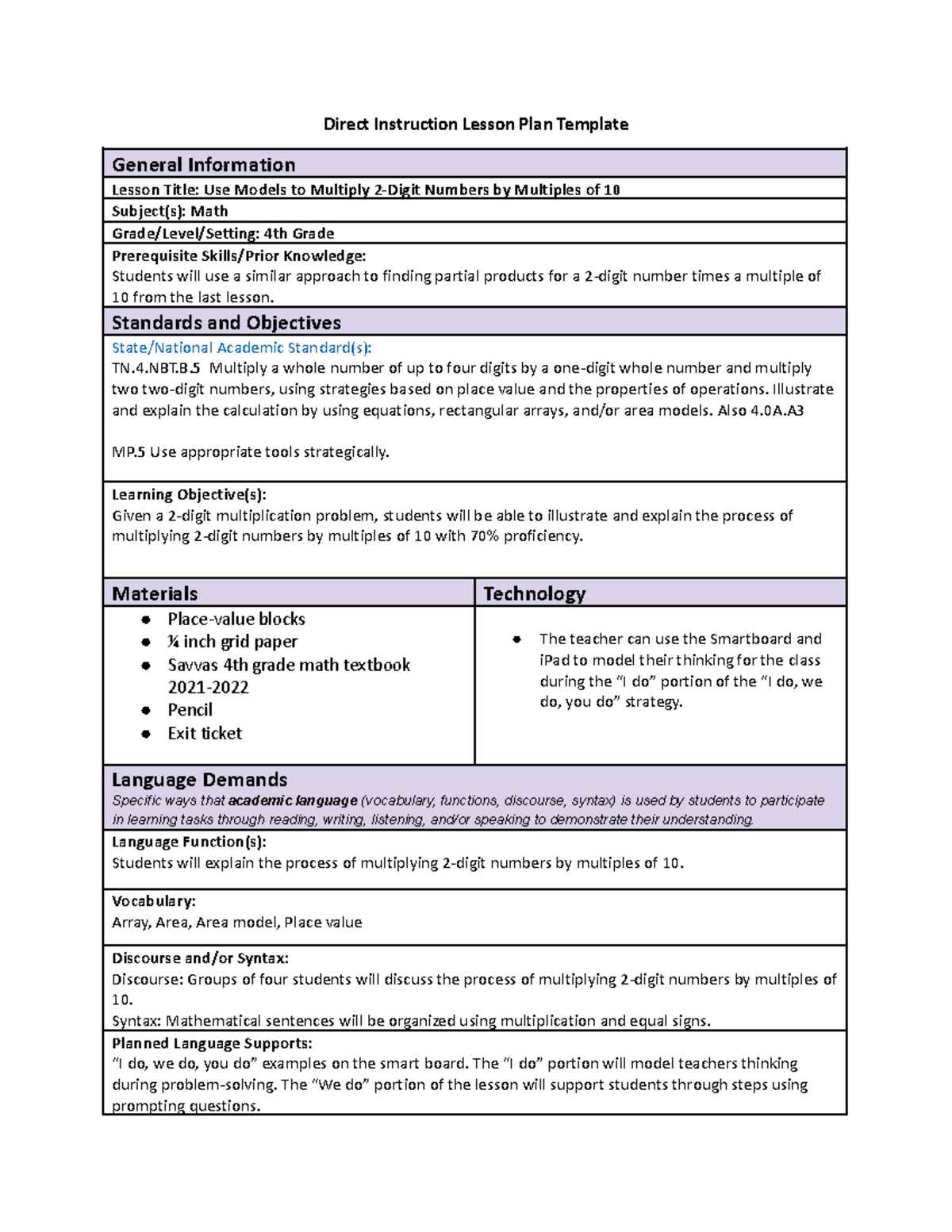 Lesson Plan Example - Direct Instruction Lesson Plan Template General ...