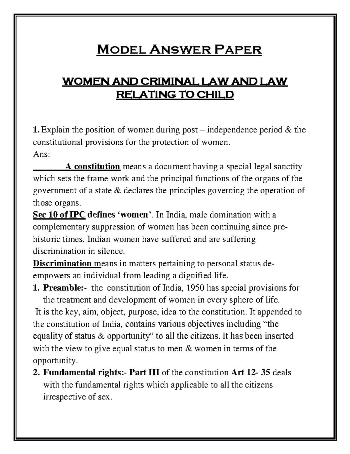 Position of Women in Ancient india - Model Answer Paper WOMEN AND ...