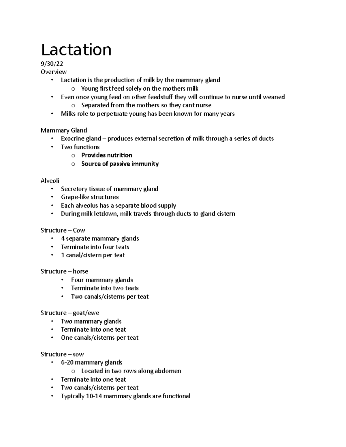 Lactation notes - Lactation 9/30/ Overview - Lactation is the ...