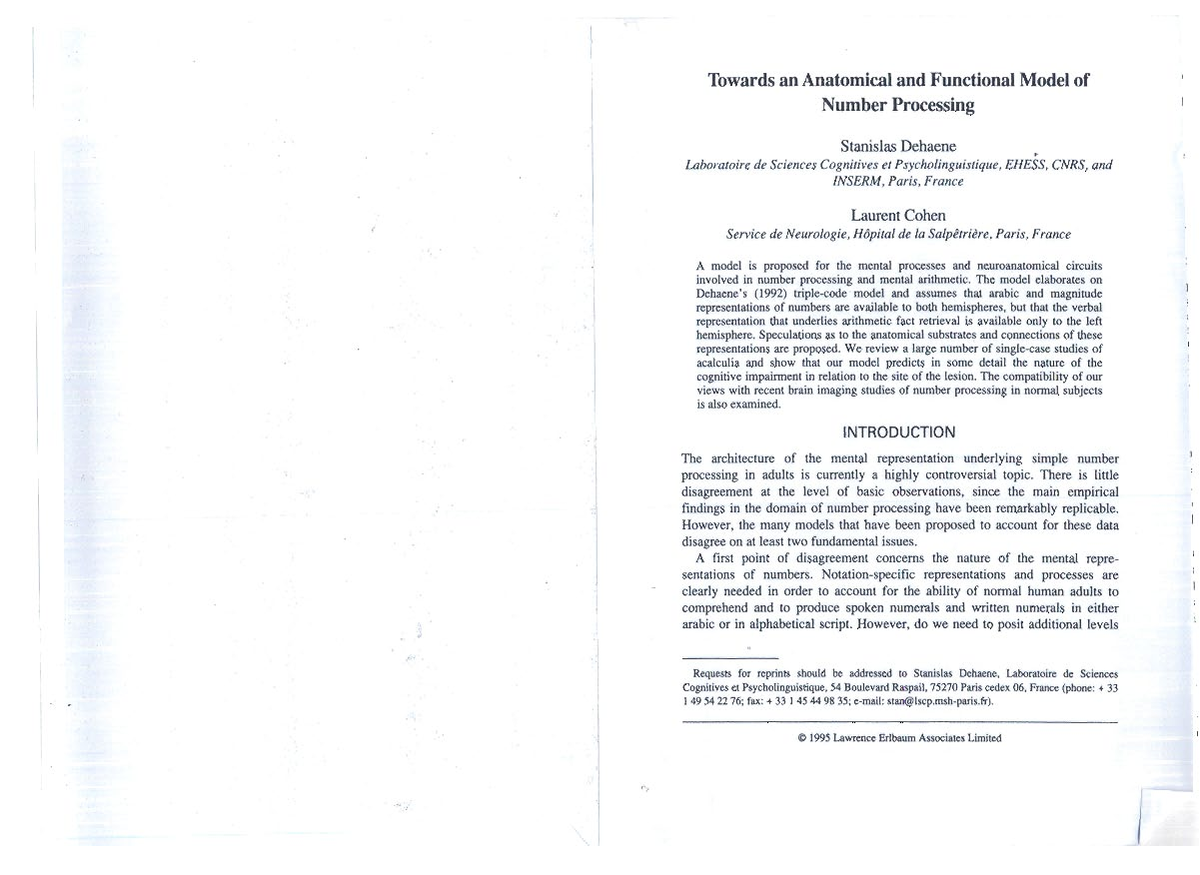 Dehaene Cohen Triple Code Model Number Processing Math Cognition 1995 ...