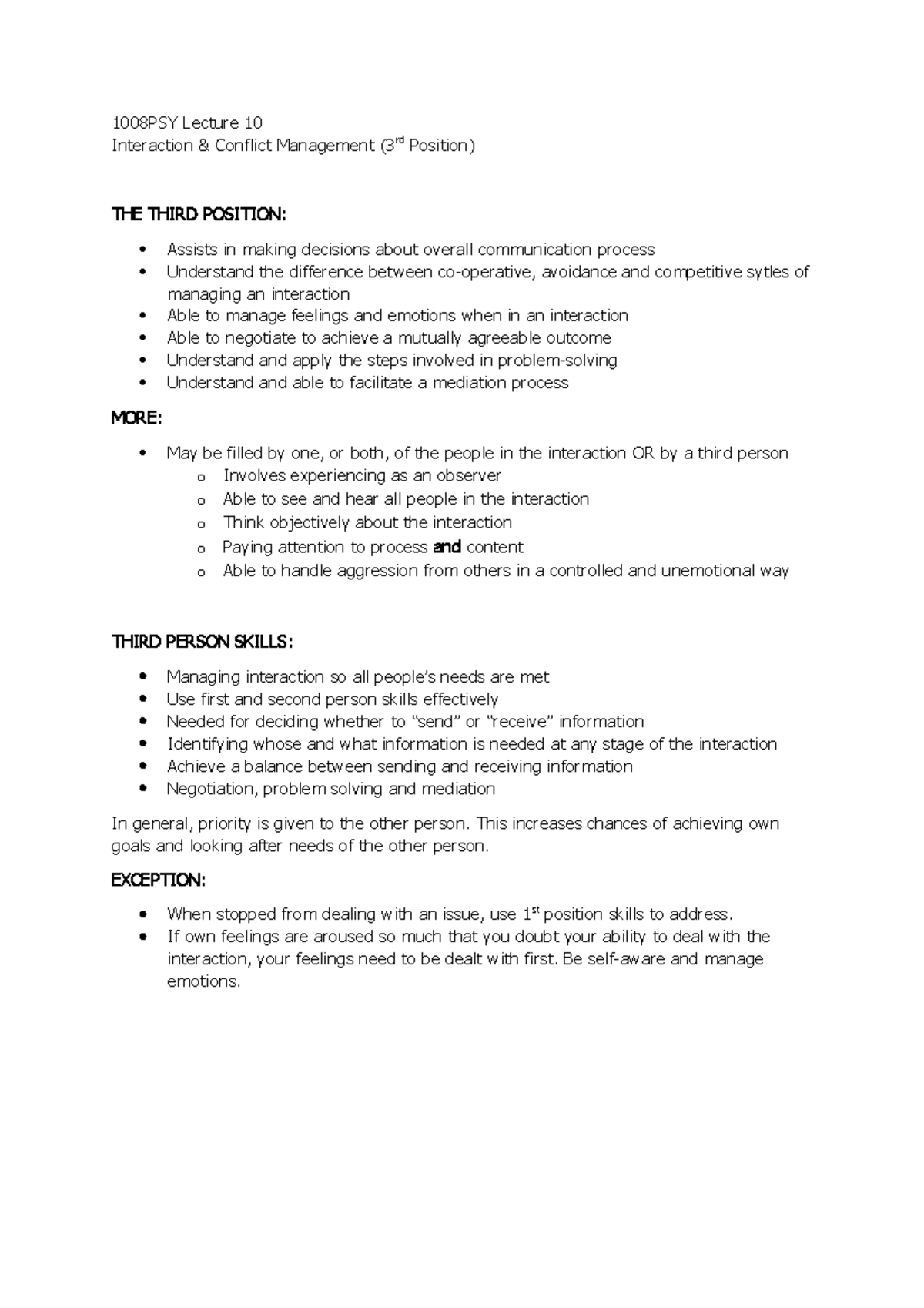 1008PSY Lecture 10 - Interaction & Conflict Management (3rd Position ...