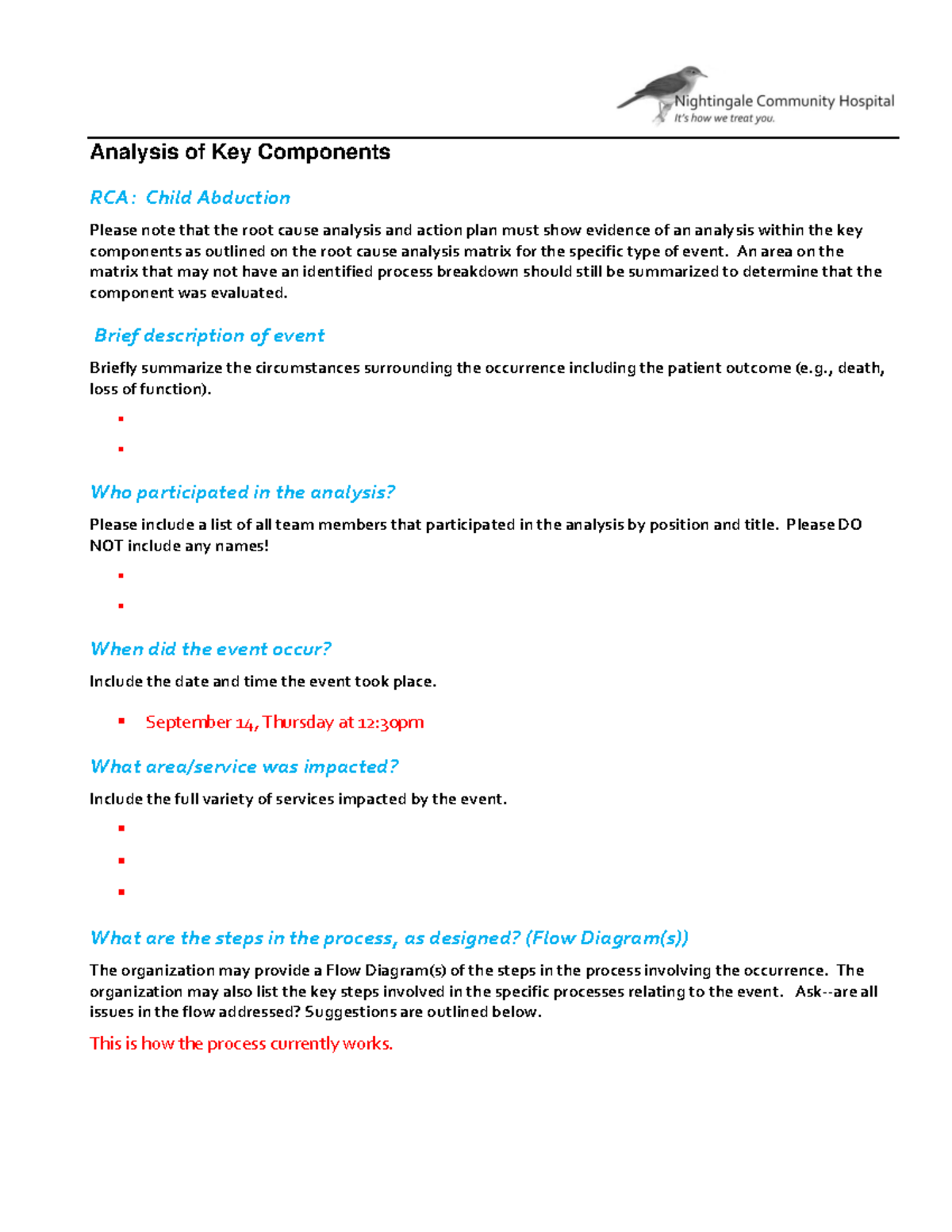 Sentinel Event Analysis - Analysis of Key Components RCA: Child ...