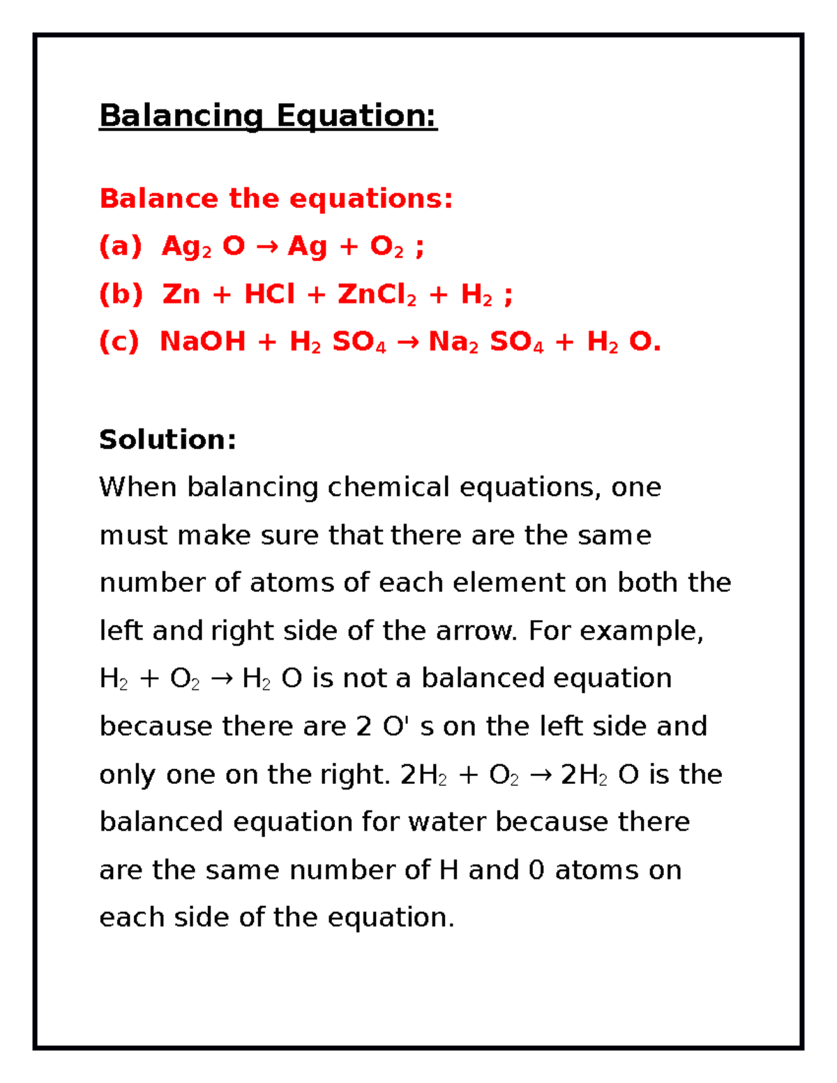 Balancing Equation - Balancing Equation: Balance the equations: (a) Ag ...
