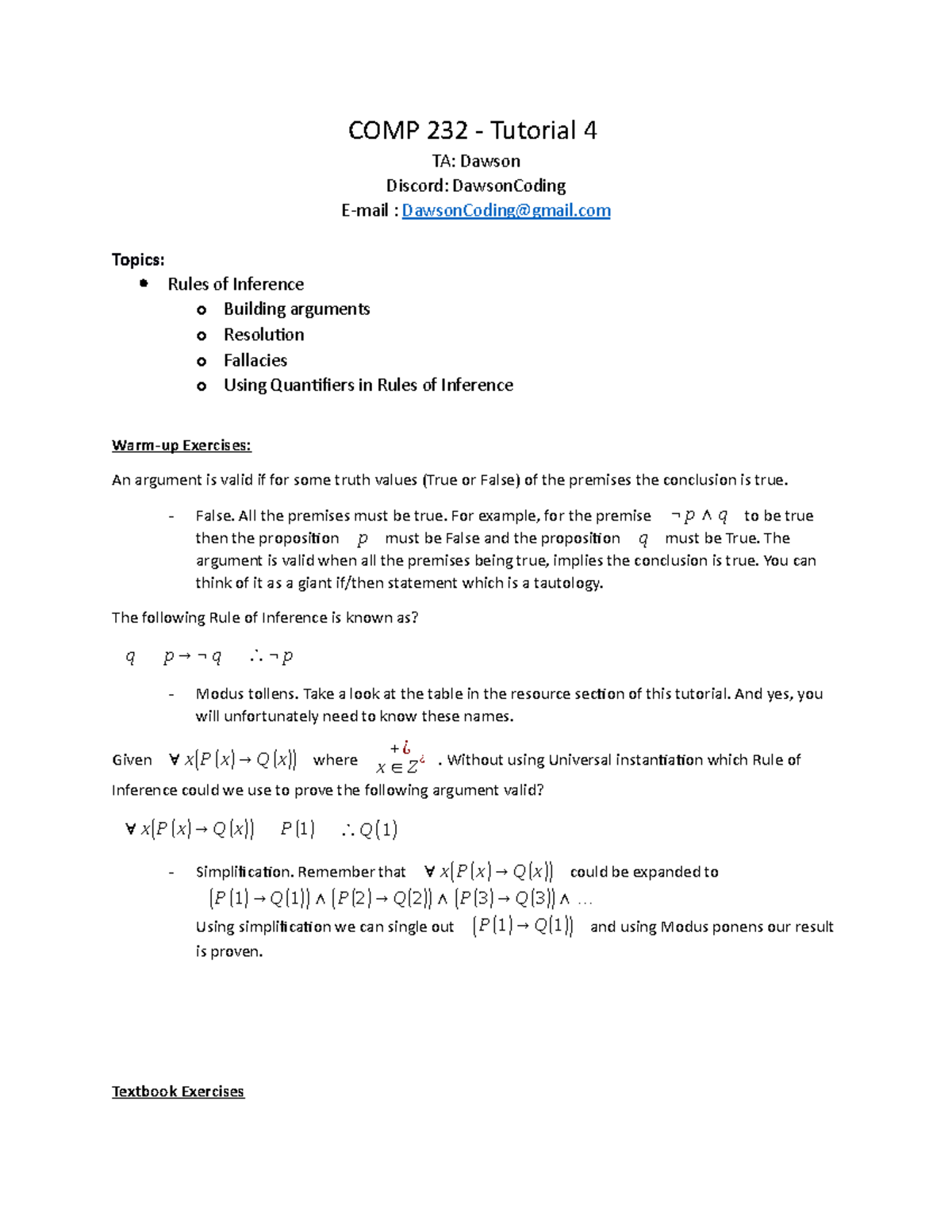 COMP232 Tutorial 04 with Answers - COMP 232 - Tutorial 4 TA: Dawson Discord: DawsonCoding E-mail ...