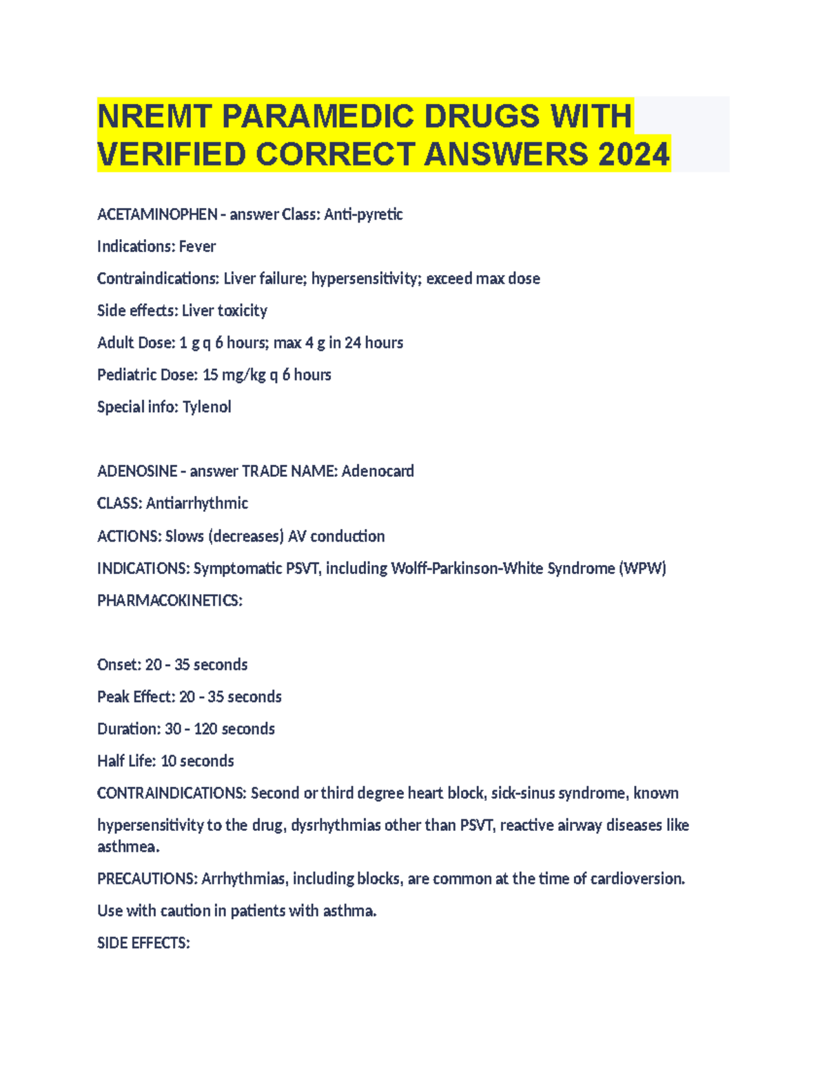 NREMT Paramedic Drugs WITH Verified Correct Answers 2024 - NREMT ...