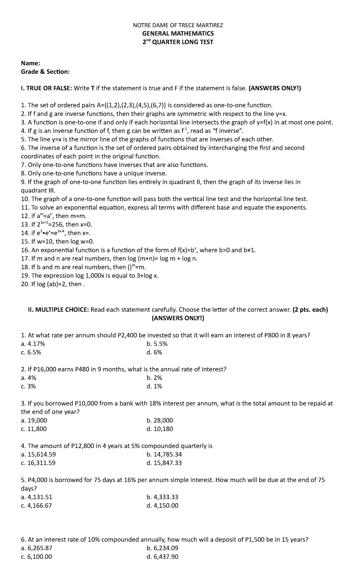 GEN MATH (2ND Quarter) - I hope this material can help you. - NOTRE ...